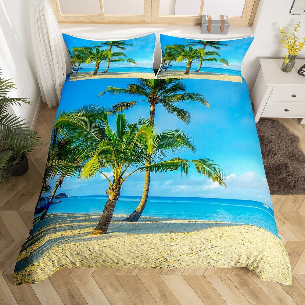 Ocean Beach Duvet Cover Set King Size Tropical Sunset Beach with Palm ...
