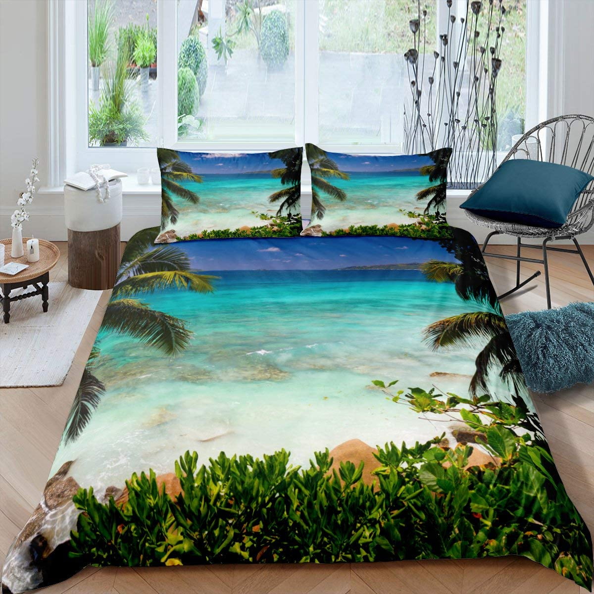 Ocean Beach Duvet Cover Set King Size Tropical Sunset Beach with Palm ...