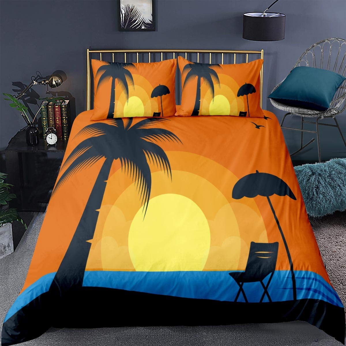Ocean Beach Duvet Cover Set King Size Tropical Sunset Beach with Palm ...