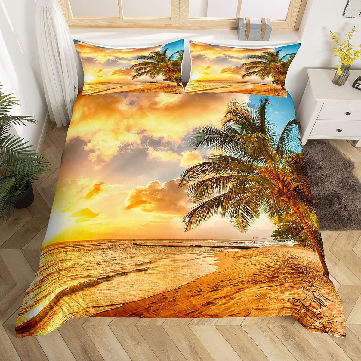 Ocean Beach Duvet Cover Set King Size Tropical Sunset Beach with Palm ...