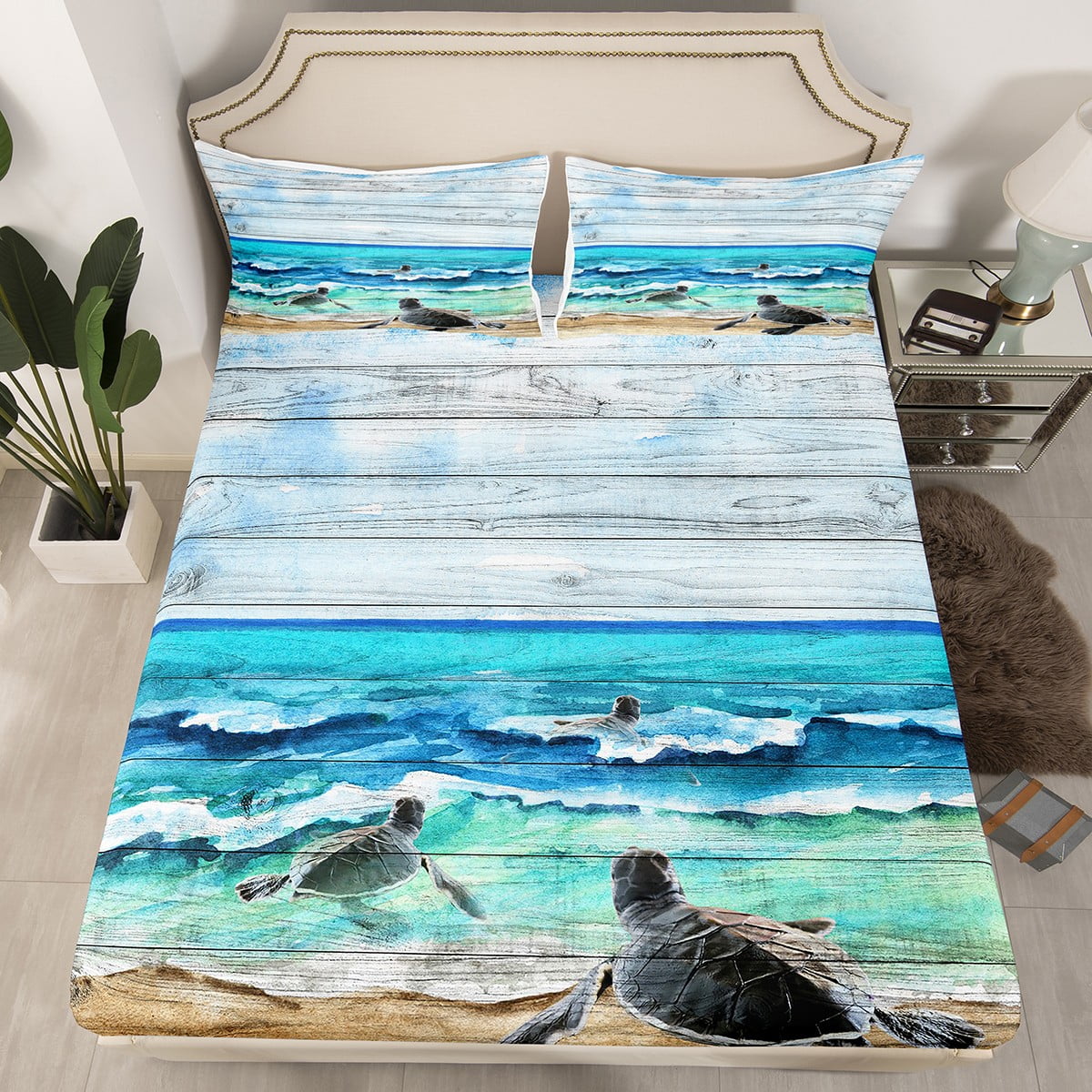 Ocean Beach Fitted Sheet Twin Size, Sea Turtle Bedding Set Tortoise ...