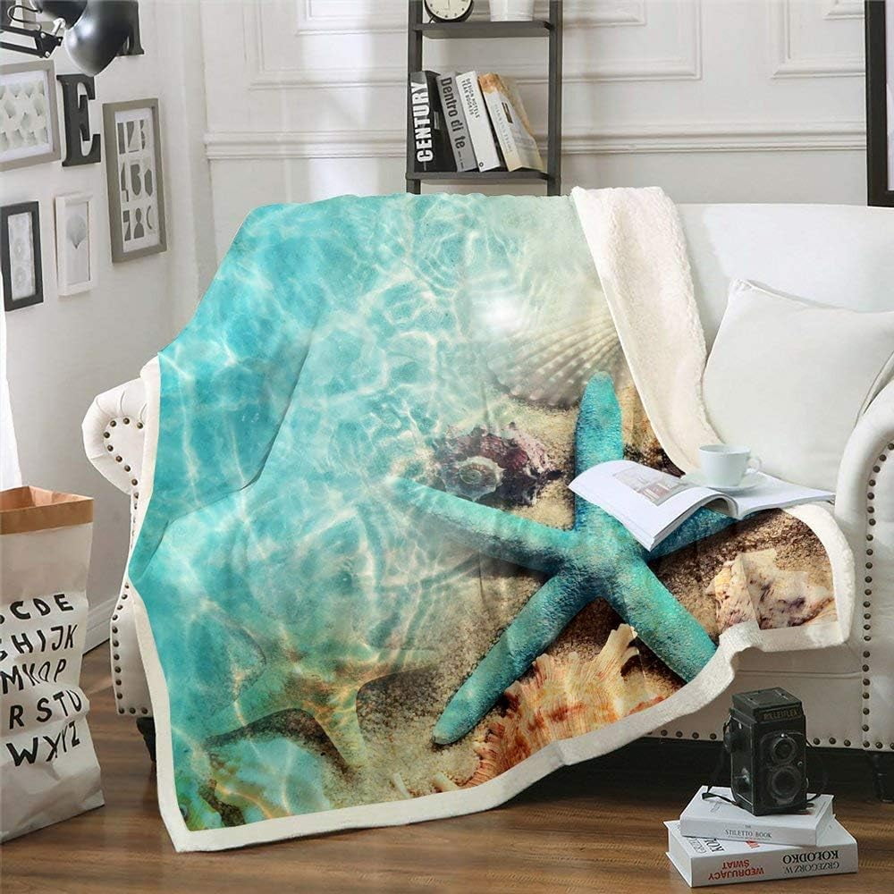 Ocean Beach Fleece Blanket Starfish Conch Shell Blanket Throw Teal Calm ...