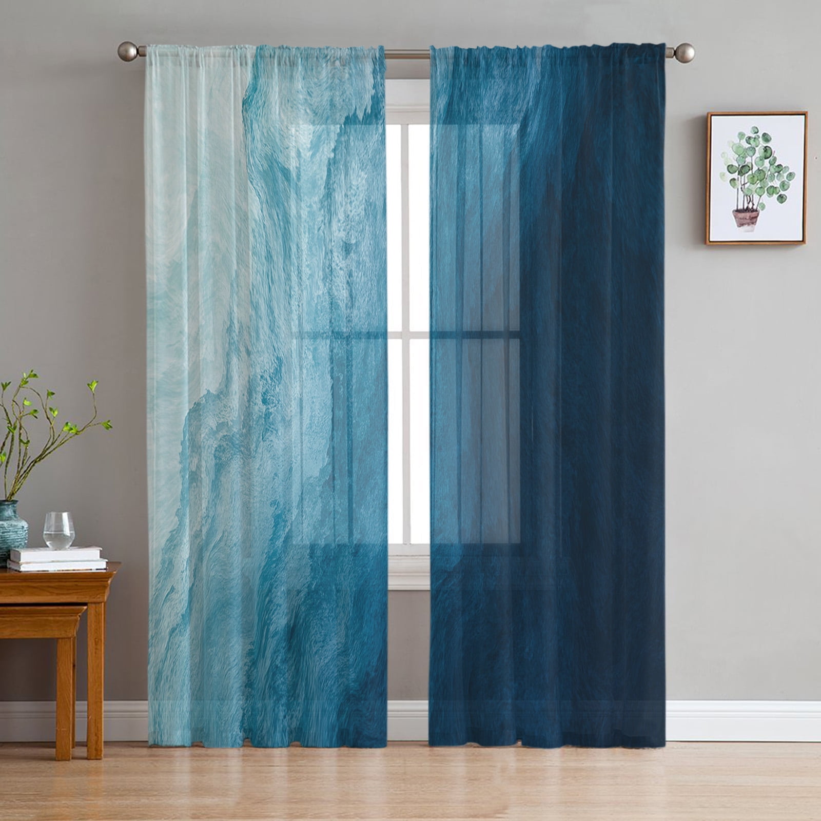 Ocean Beach Gradient Waves Tulle Curtains for Living Room Bedroom Sheer ...
