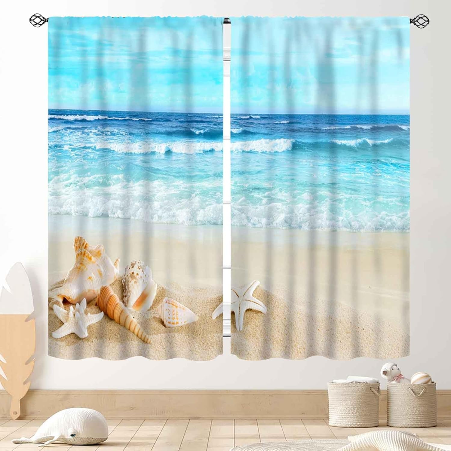 Ocean Beach Kitchen Curtains, Coastal Nautical Starfish Sea Waves Ocean ...