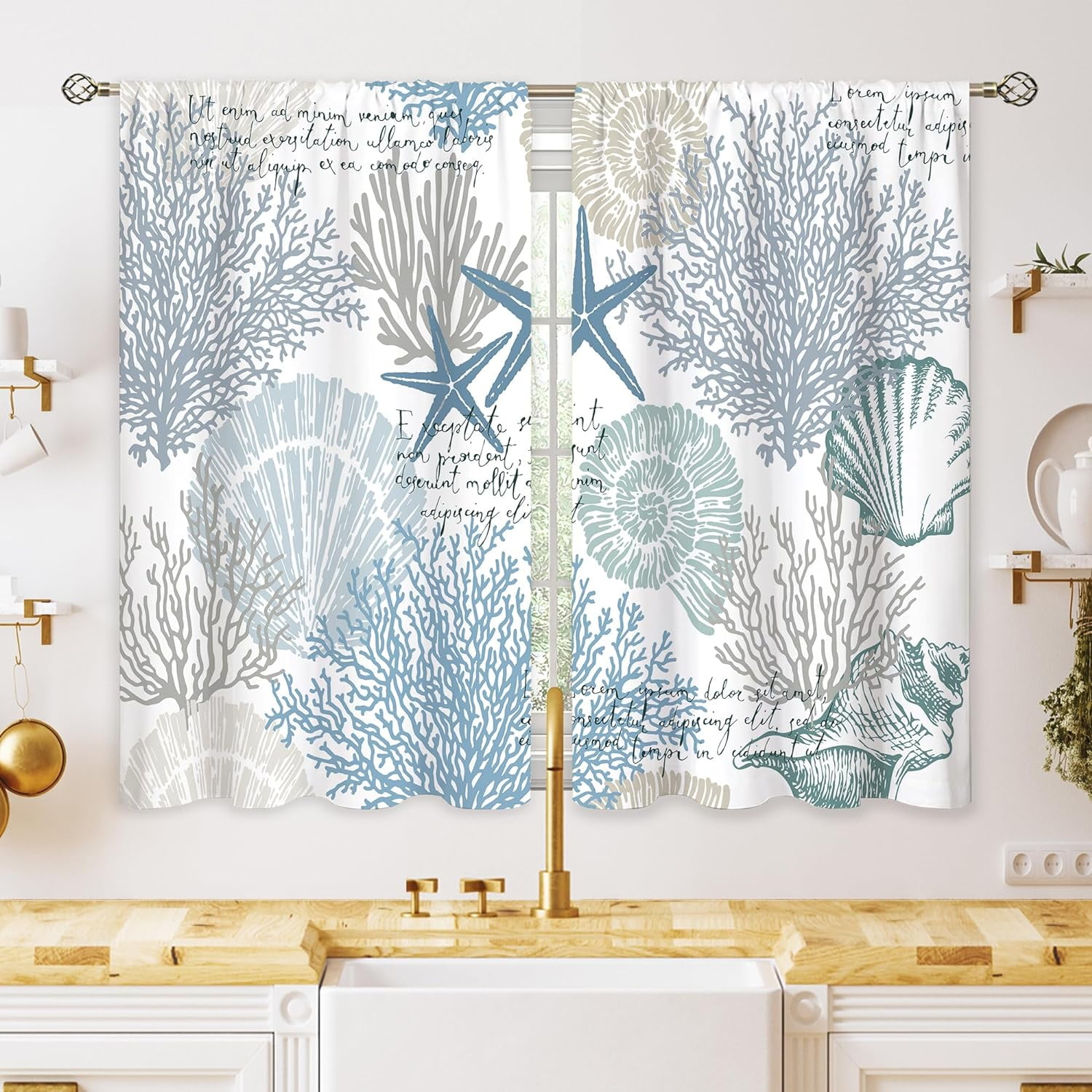 Ocean Beach Kitchen Curtains Nautical Coastal Starfish Seashell Small ...