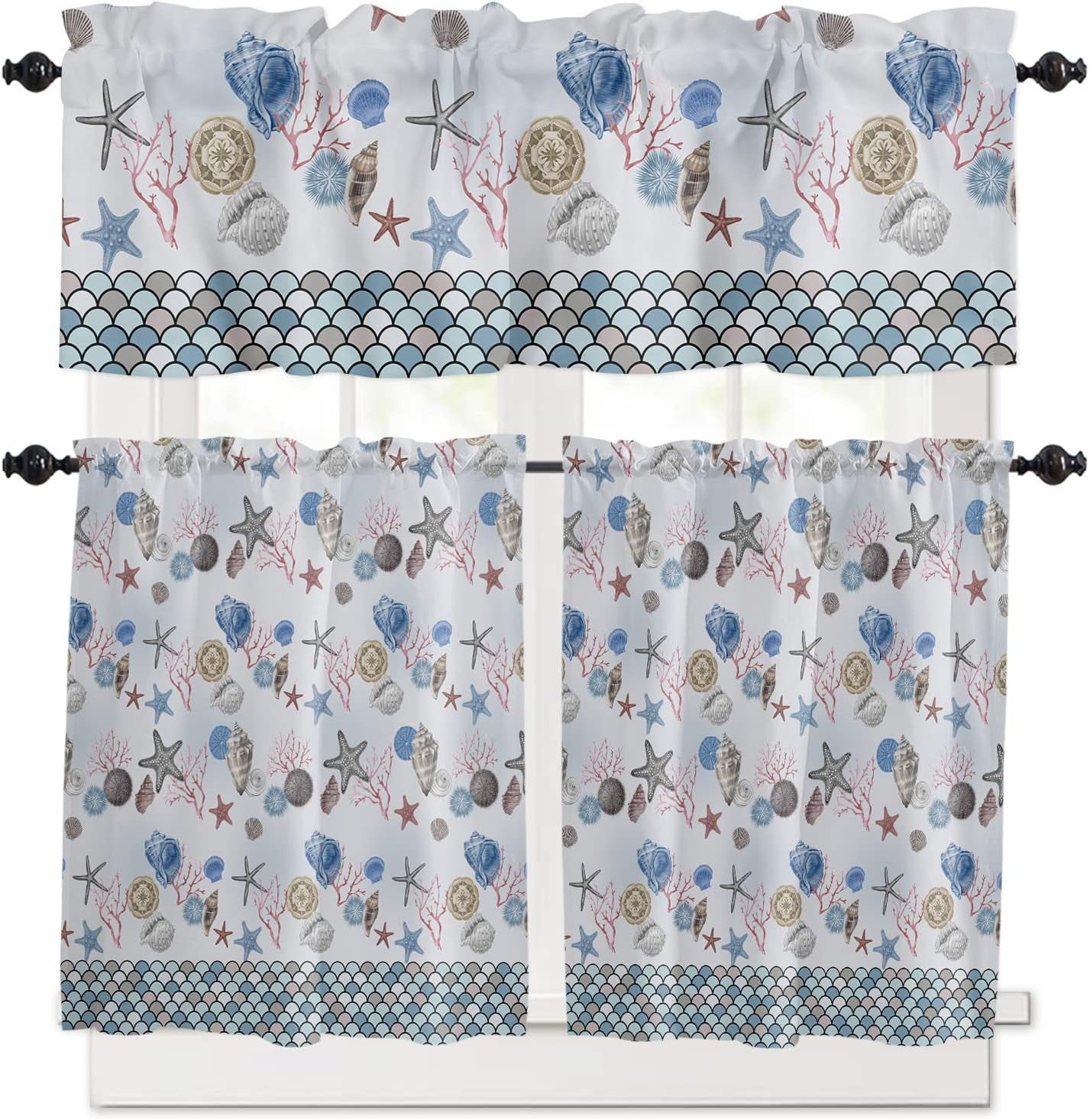 Ocean Beach Kitchen Curtains and Nautical Coastal Valance Set, Fish ...