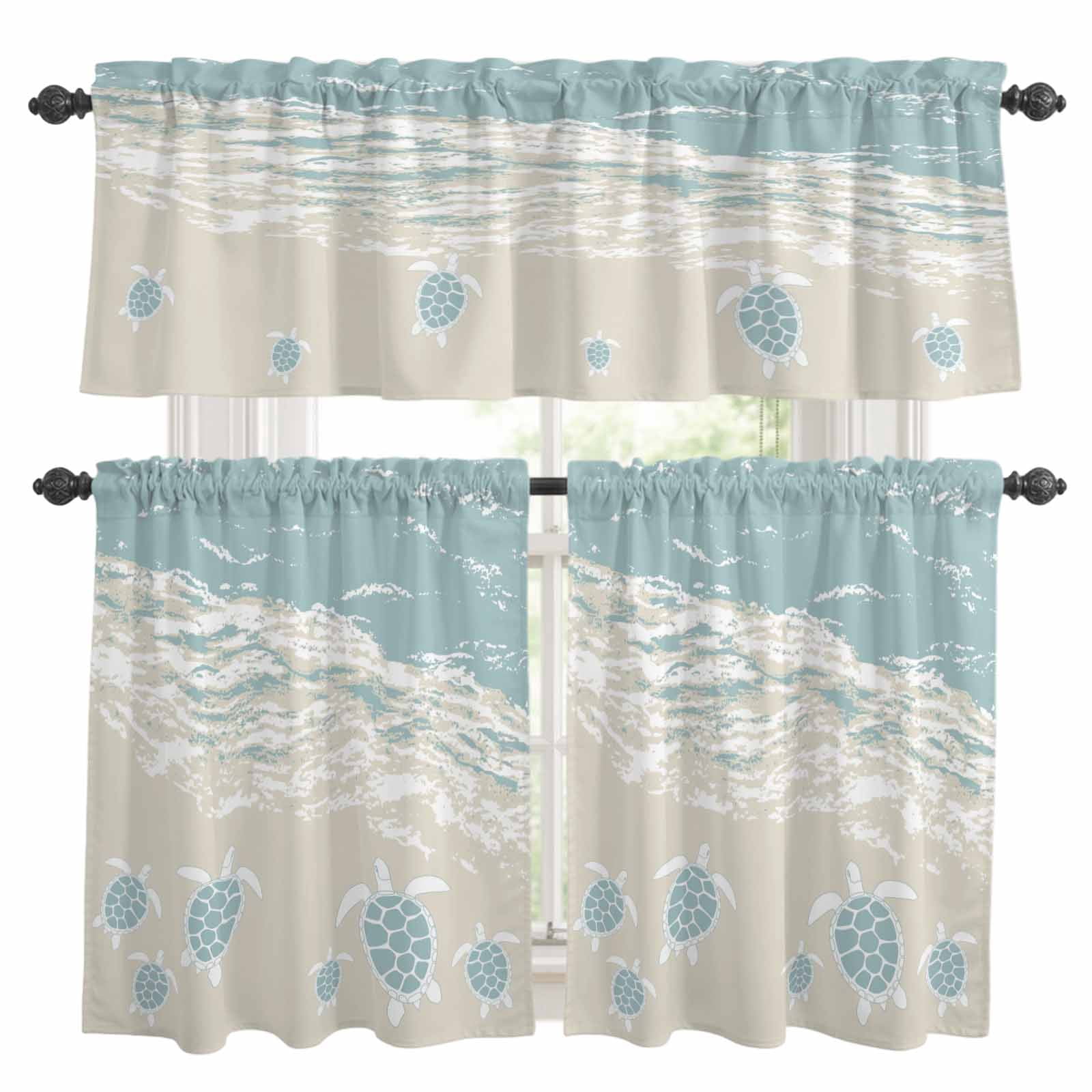 Ocean Beach Kitchen Curtains Valances and Tiers Set of 3 Hand-Painting ...
