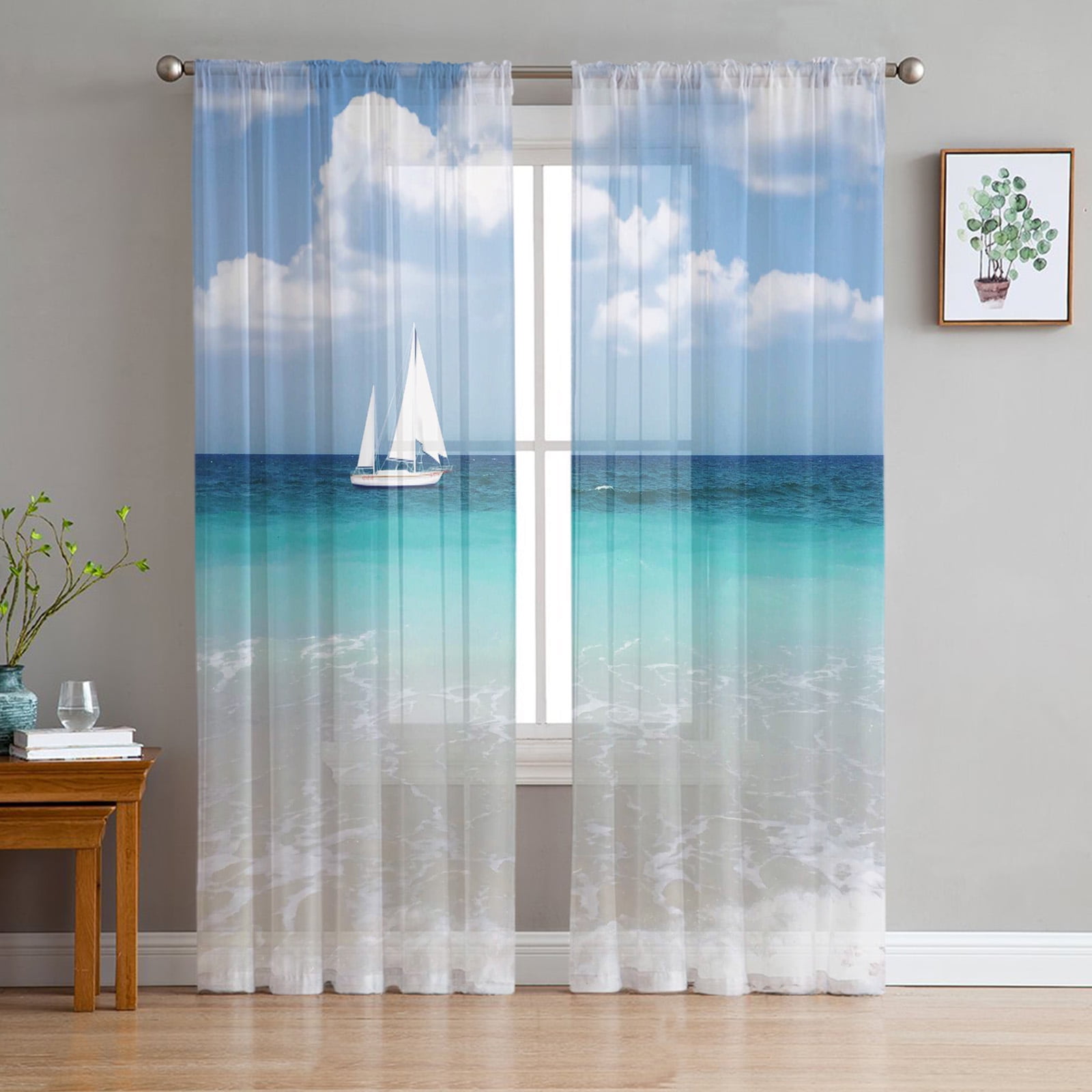 Ocean Beach Landscape Sheer Window Curtains for Living Room Bedroom ...