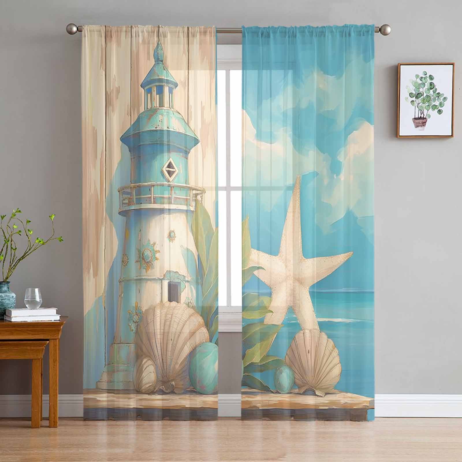 Ocean Beach Lighthouse Star Shell Plants Sky Sheer Curtains for Living ...