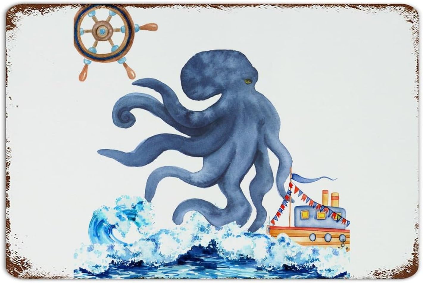 Ocean Beach Nautical Theme Underwater Octopus Farmhouse Metal Tin Sign ...