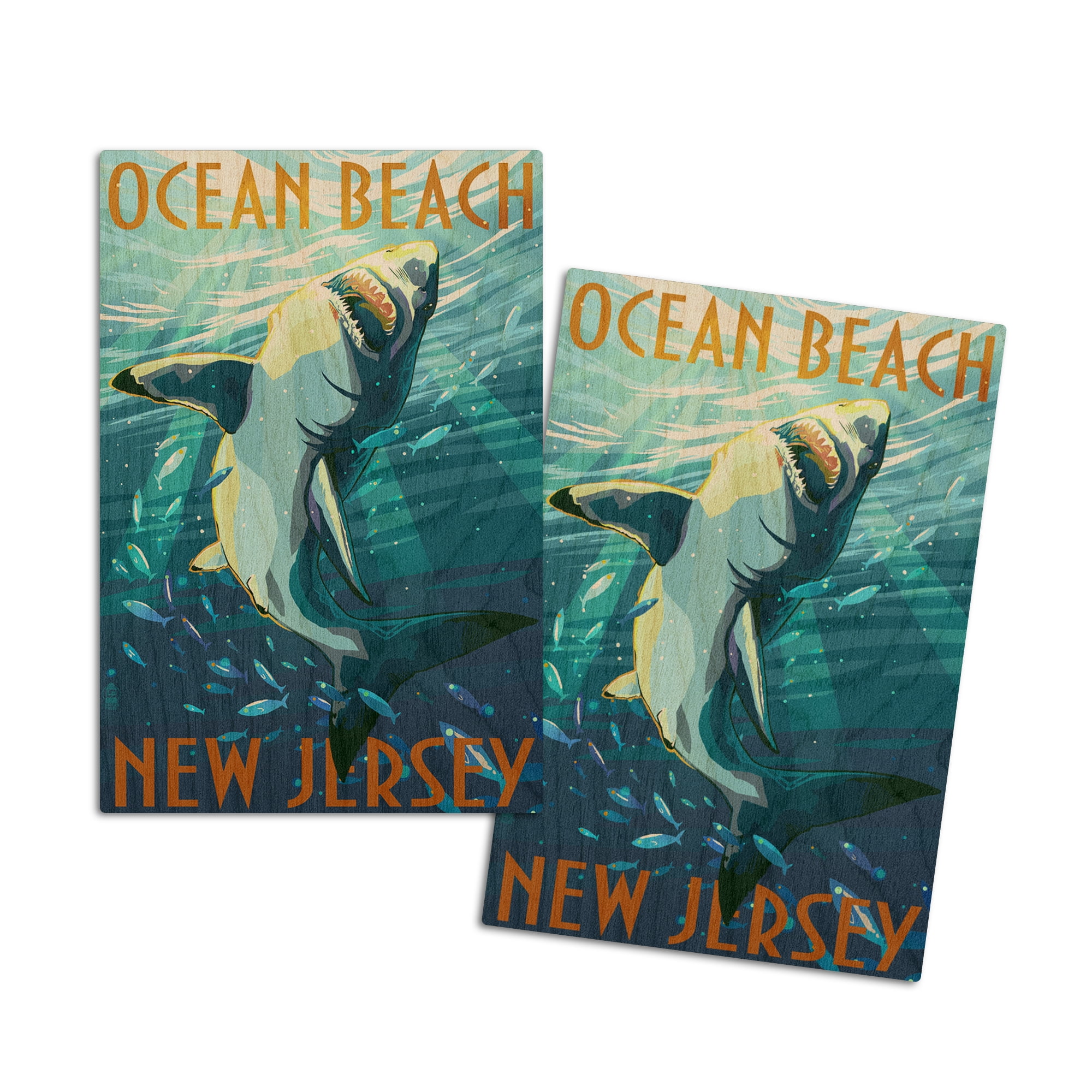 Ocean Beach, New Jersey, Great White Shark (4x6 Birch Wood Postcards, 2 ...