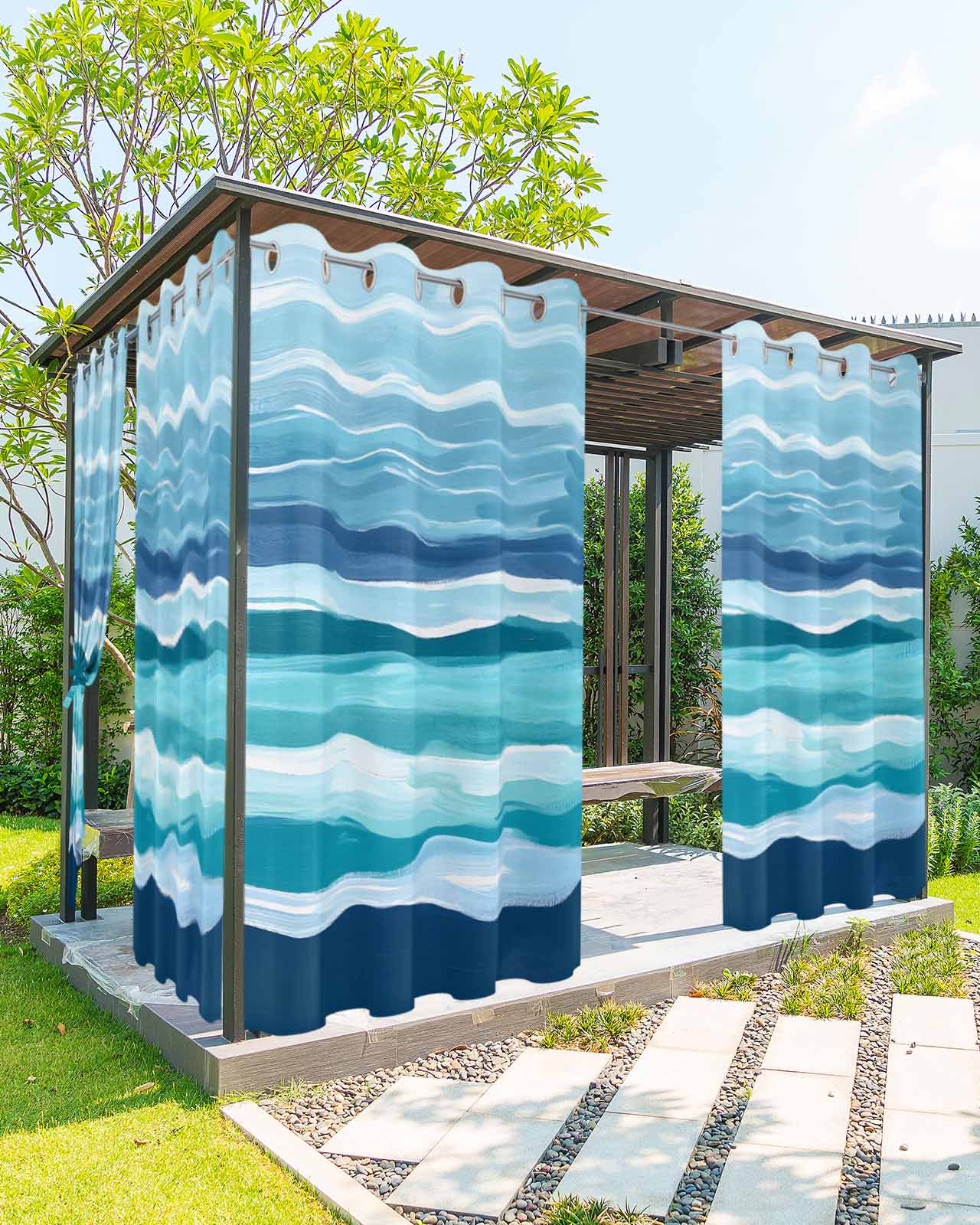 Ocean Beach Outdoor Curtains for Patio, Modern Blue Coastal Wave Oil ...