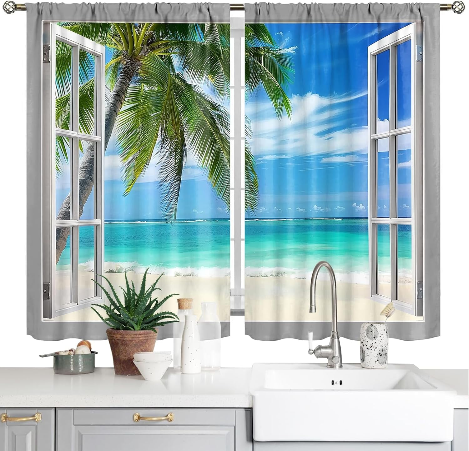 Ocean Beach Palm Trees Kitchen Curtains Summer Tropical Island Bedroom ...