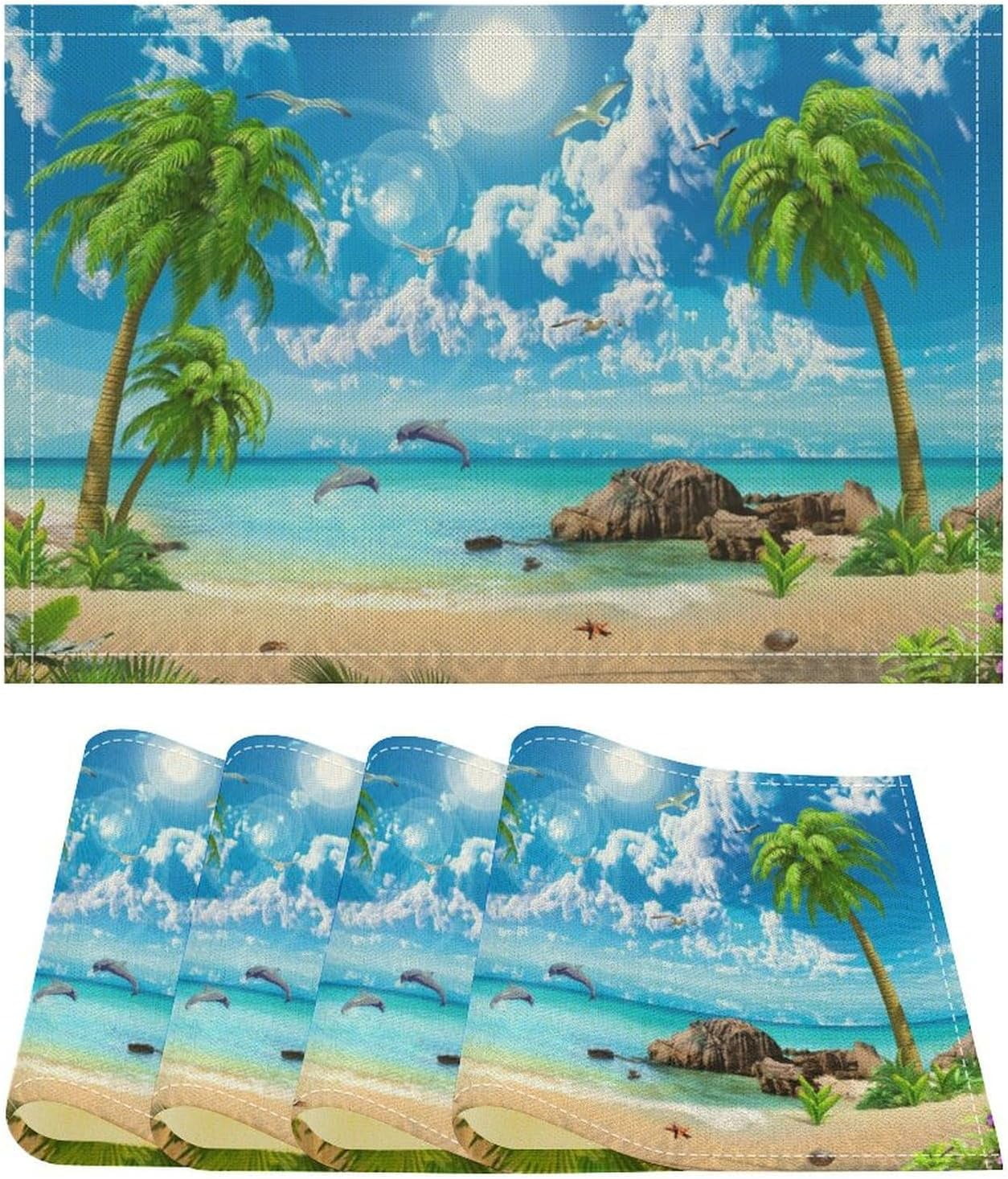 Ocean Beach Placemats Set of 4, 3D Tropical Ocean Landscape Palm Trees ...
