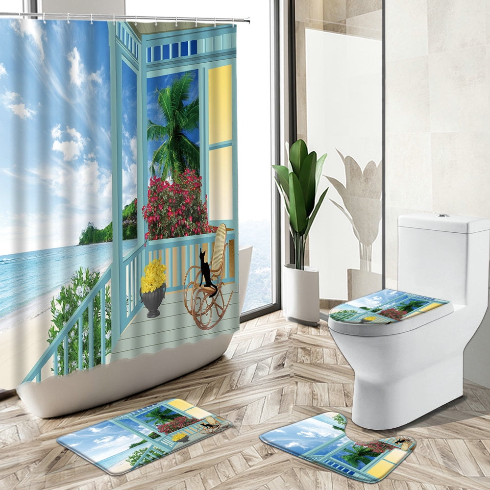 Ocean Beach Resort Scenery Shower Curtain Set Star Shell Green Plants ...