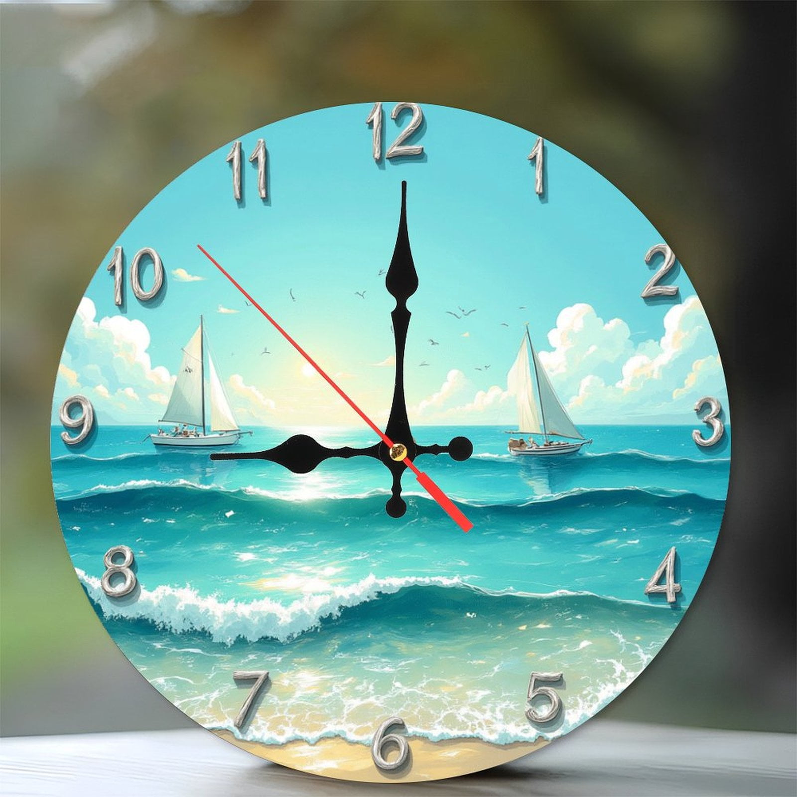 Ocean Beach Sailboat Sunrise Wall Clock 10-Inch Silent Wooden Wall ...