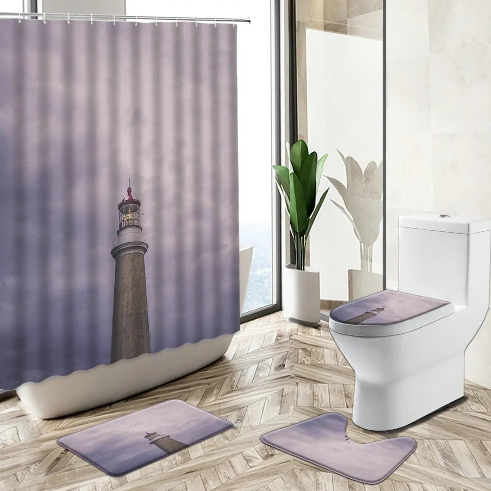 Ocean Beach Scenery Shower Curtain Seaside Lighthouse Seagull Natural ...