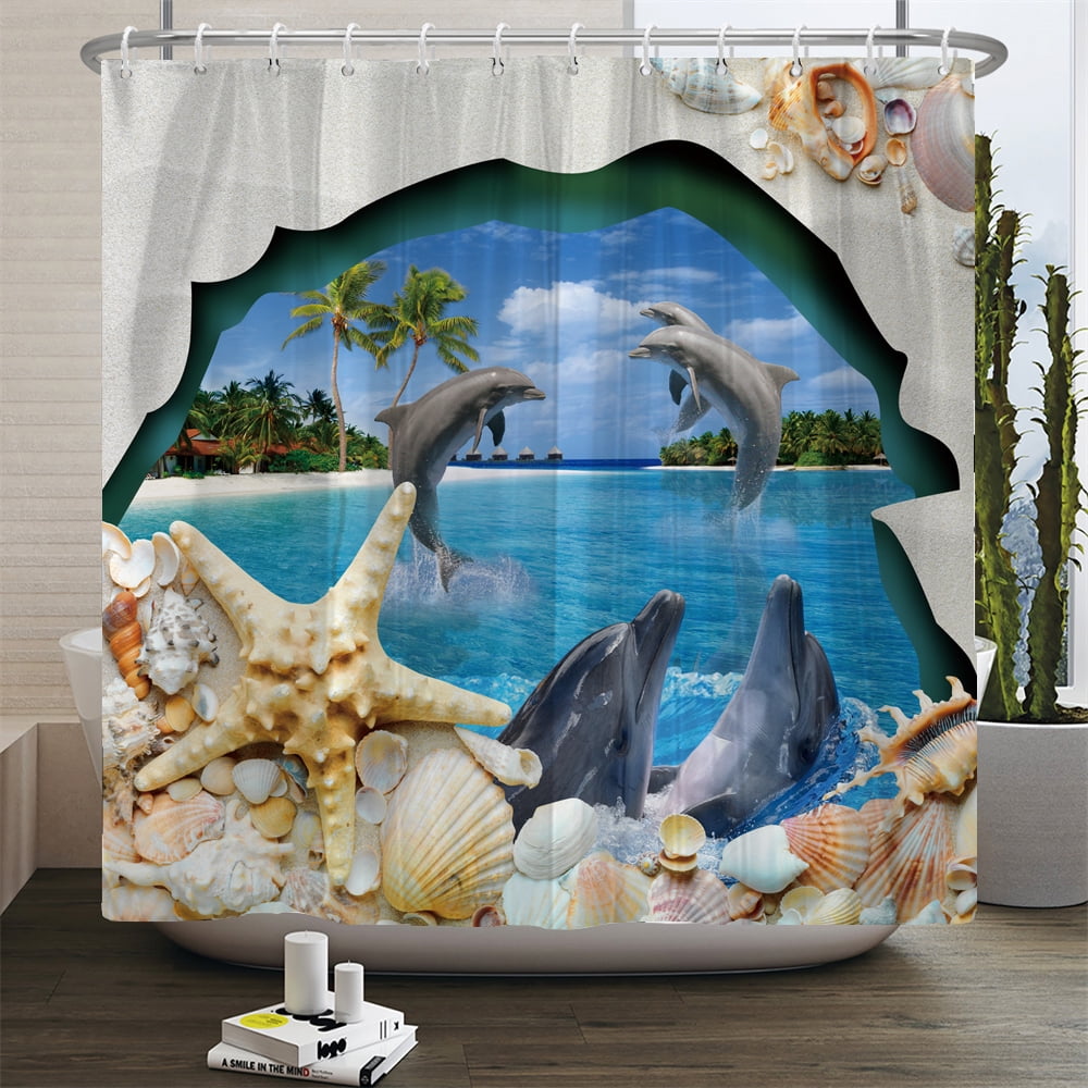 Ocean Beach Scery Waterproof Shower Curtains 3D Printed Sea Wave Blue ...
