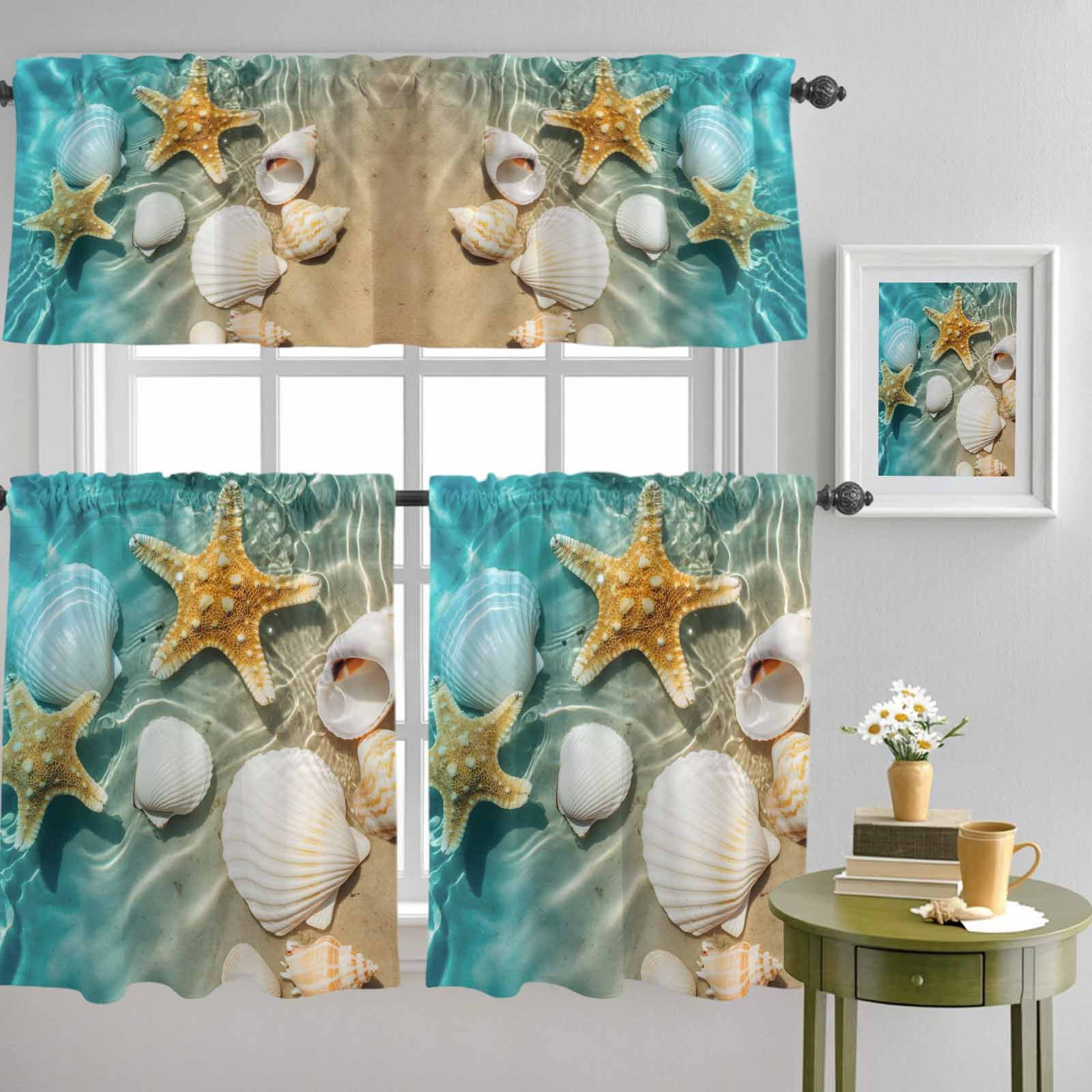 Ocean Beach Seashell Starfish Curtain Tier and Valance Set 3 Piece, Sea ...