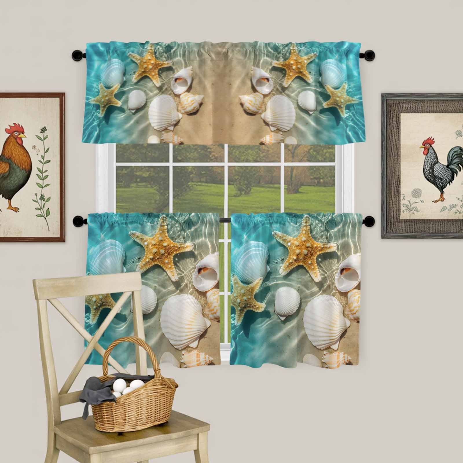 Ocean Beach Seashell Starfish Curtain Tier and Valance Set 3 Piece, Sea ...