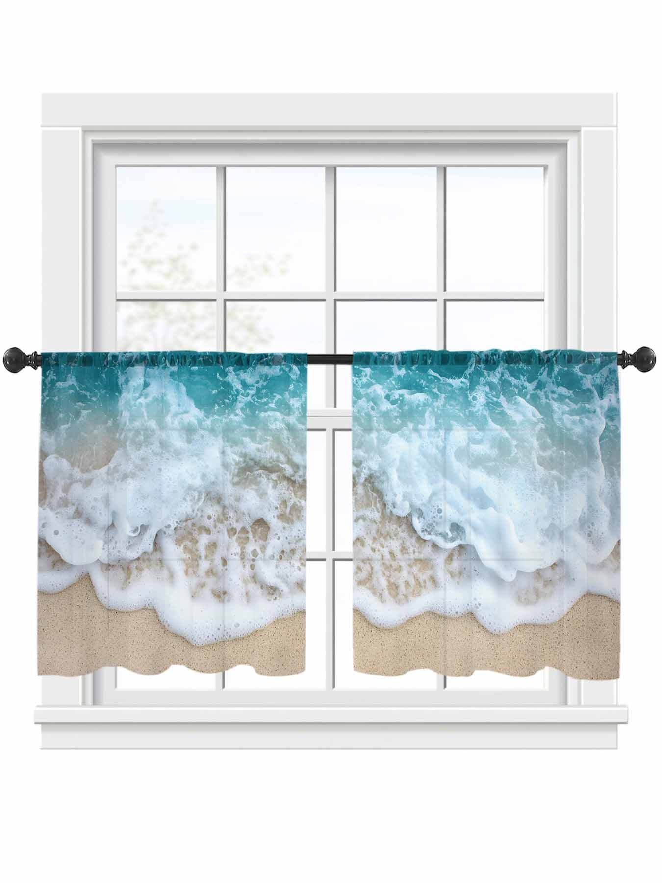 Ocean Beach Sheer Curtains 45 Inch Long 2 Panels, Summer Sand Waves ...