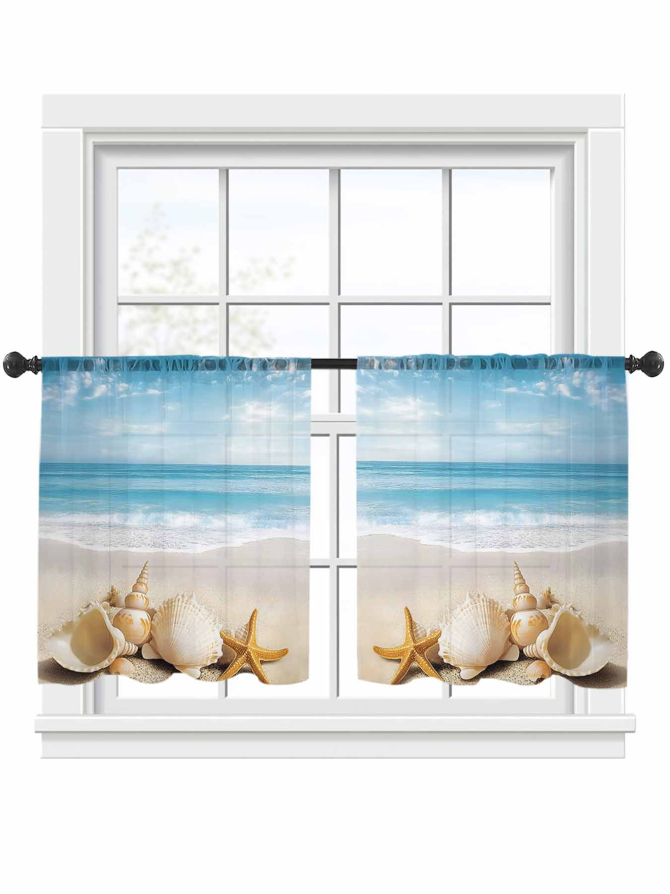 Ocean Beach Sheer Curtains 54 Inch Long 2 Panels, Sea Wave Shell ...