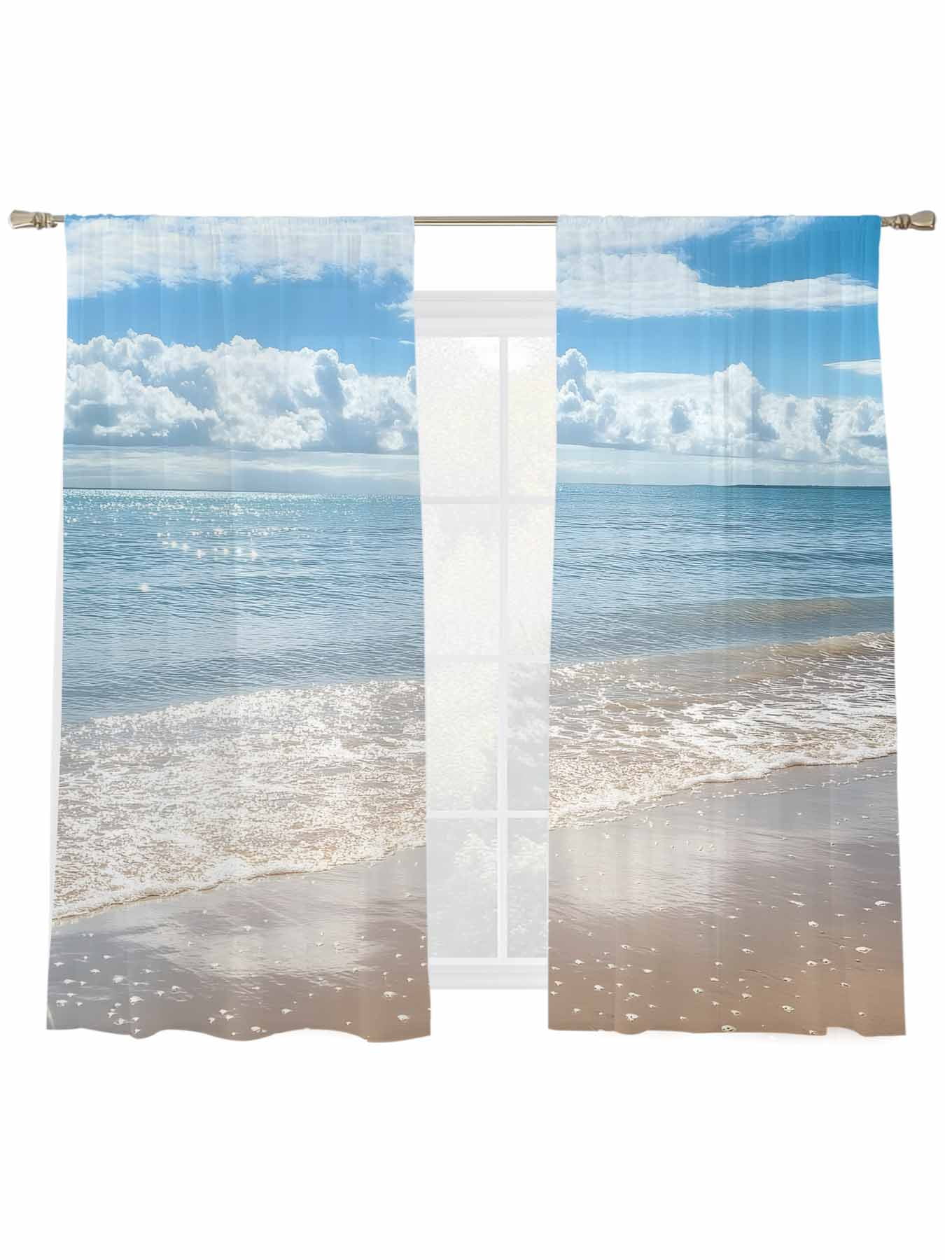 Ocean Beach Sheer Curtains 63 Inch Length 2 Panels Set, Semi Transparent Voile Rod Pocket ...