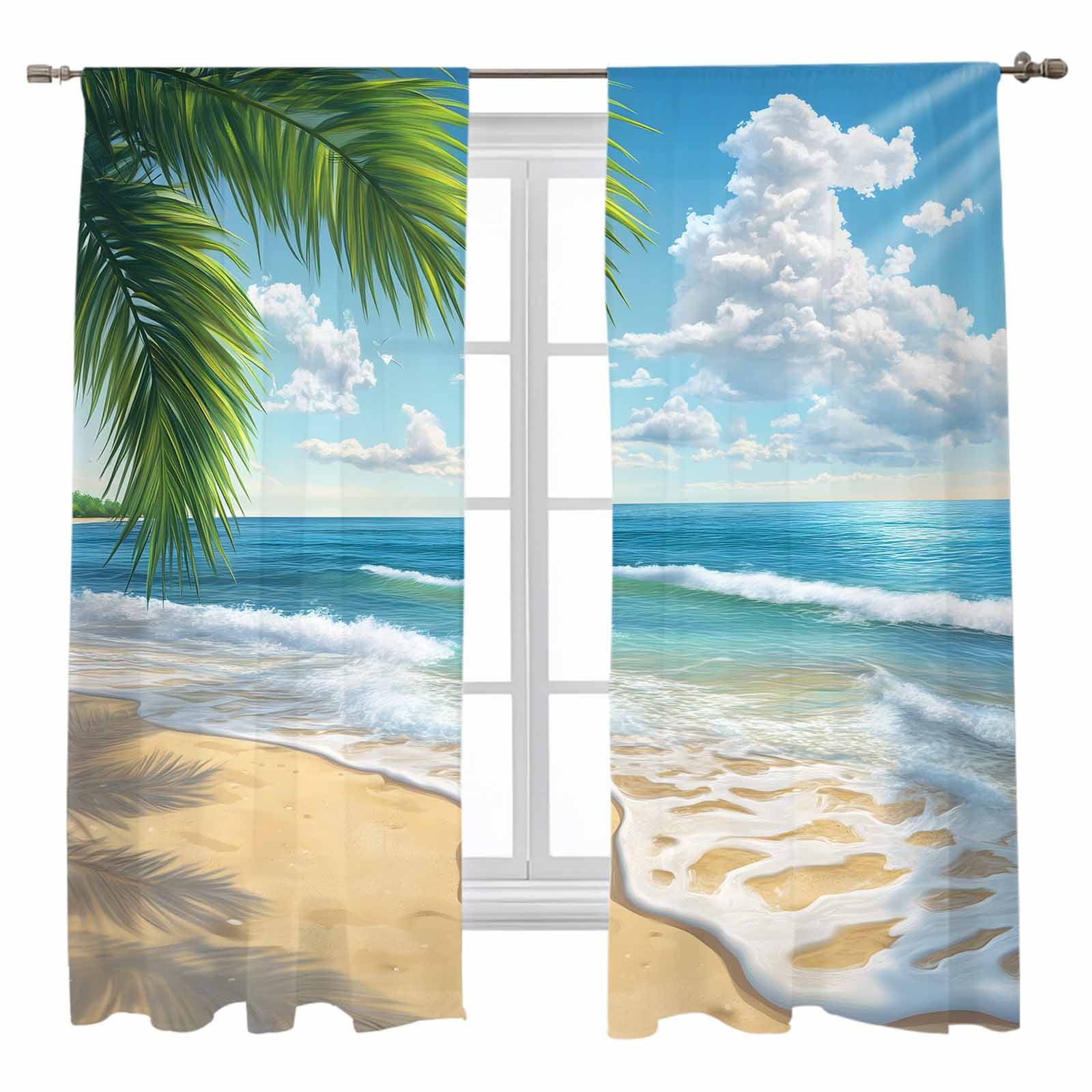 Ocean Beach Sheer Curtains 63 inches Long, Palm Trees Tropical Plants ...