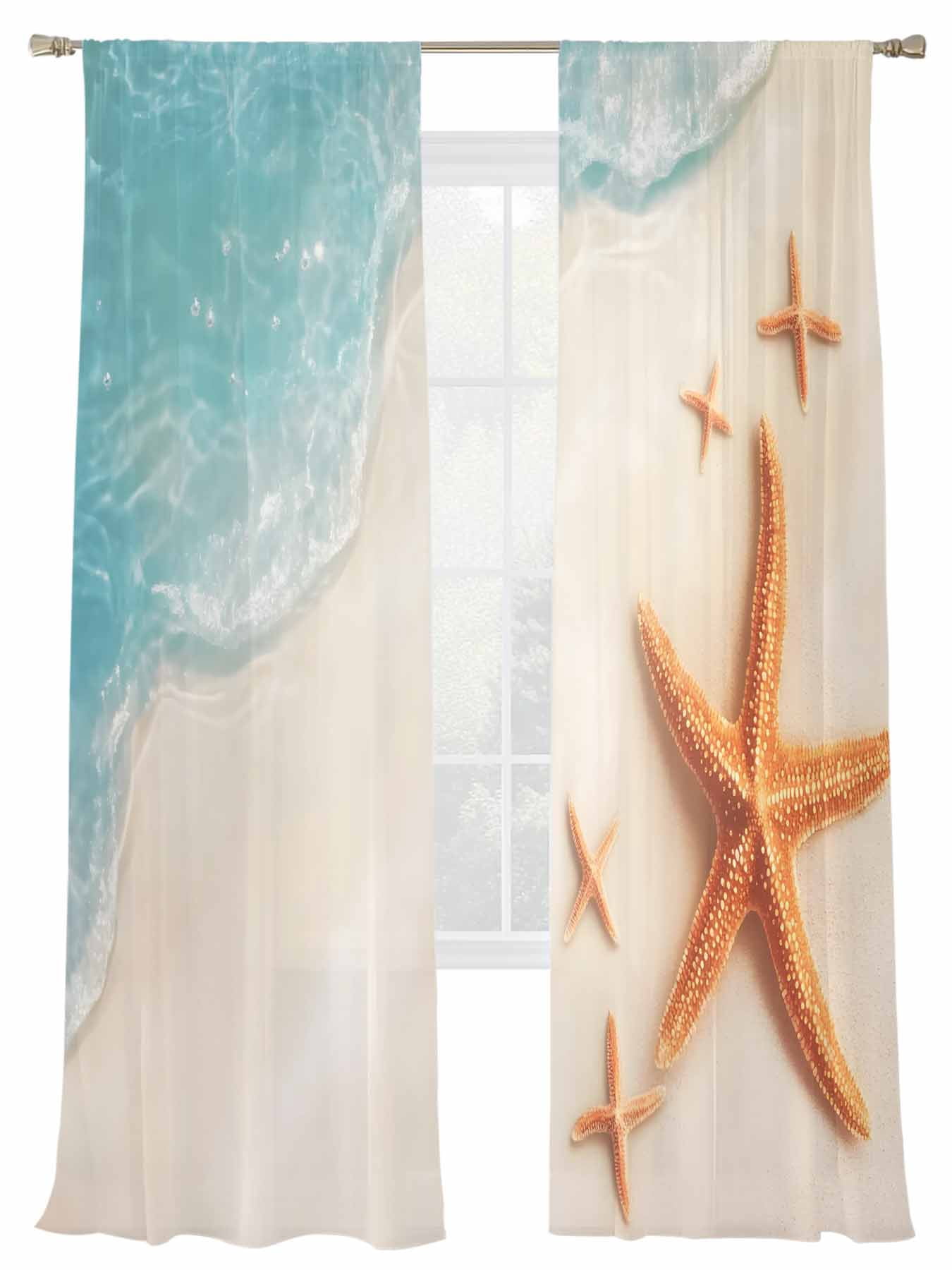 Ocean Beach Sheer Curtains 84 Inch Long 2 Panels, Coastal Starfish ...
