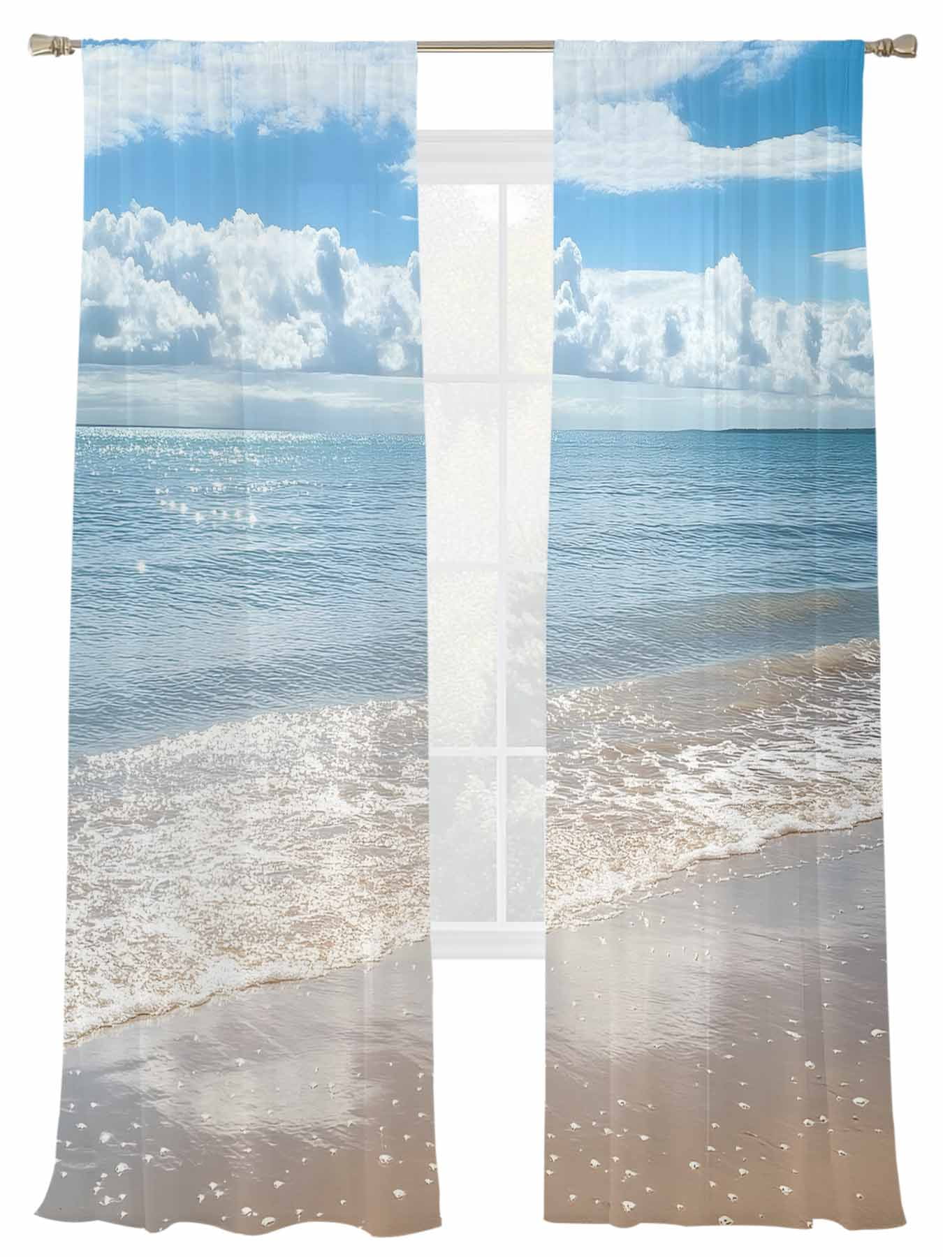 Ocean Beach Sheer Curtains 96 Inch Length 2 Panels Set, Semi ...