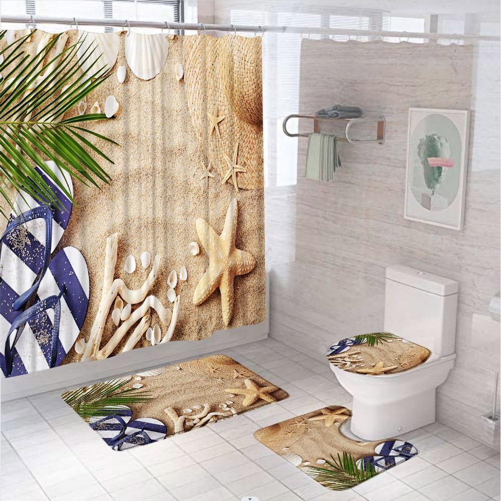 Ocean Beach Shell Conch Shower Curtain Set Summer Tropical Sea Palm ...