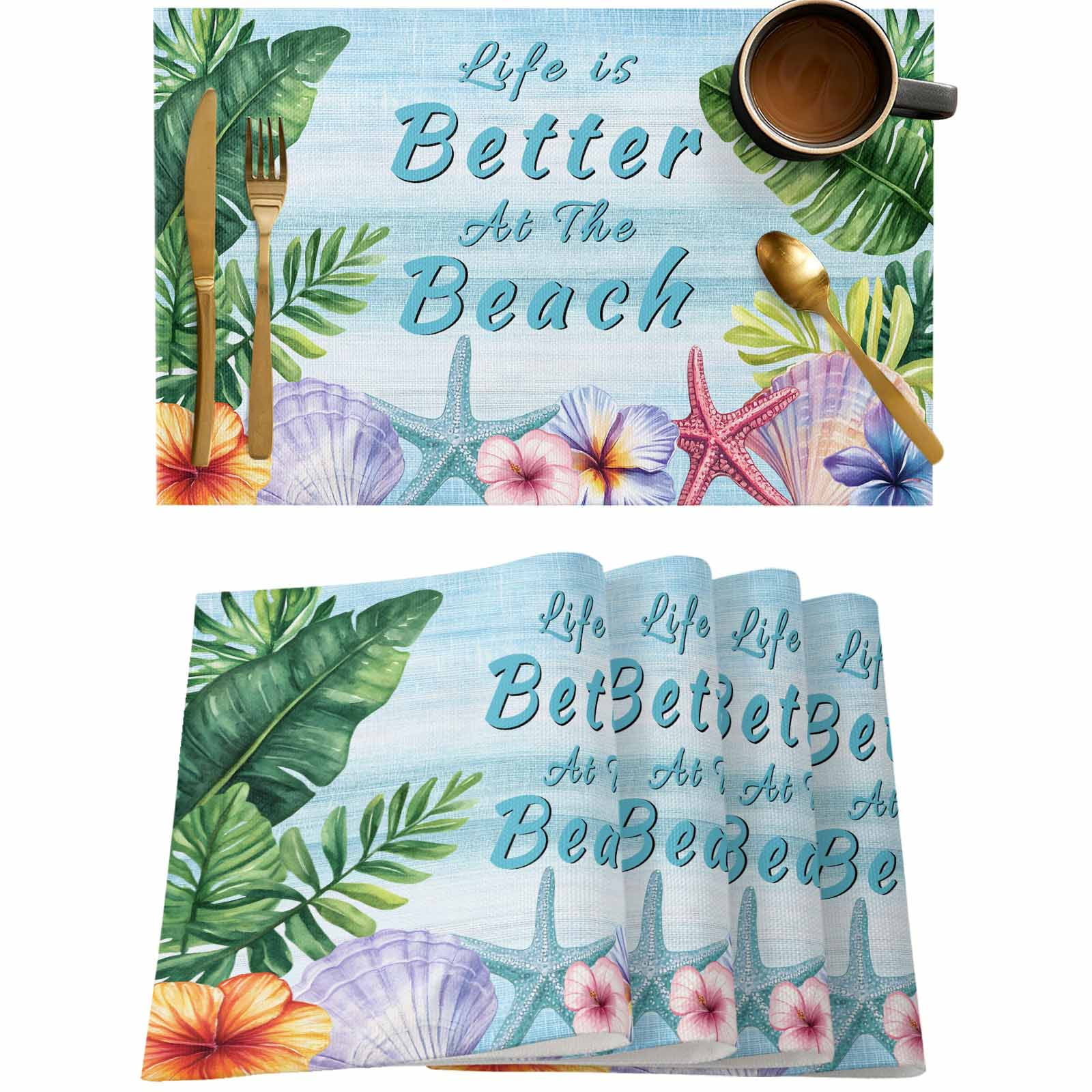 Ocean Beach Shells Starfish Placemats Set of 4,Wipeable Washable Table ...