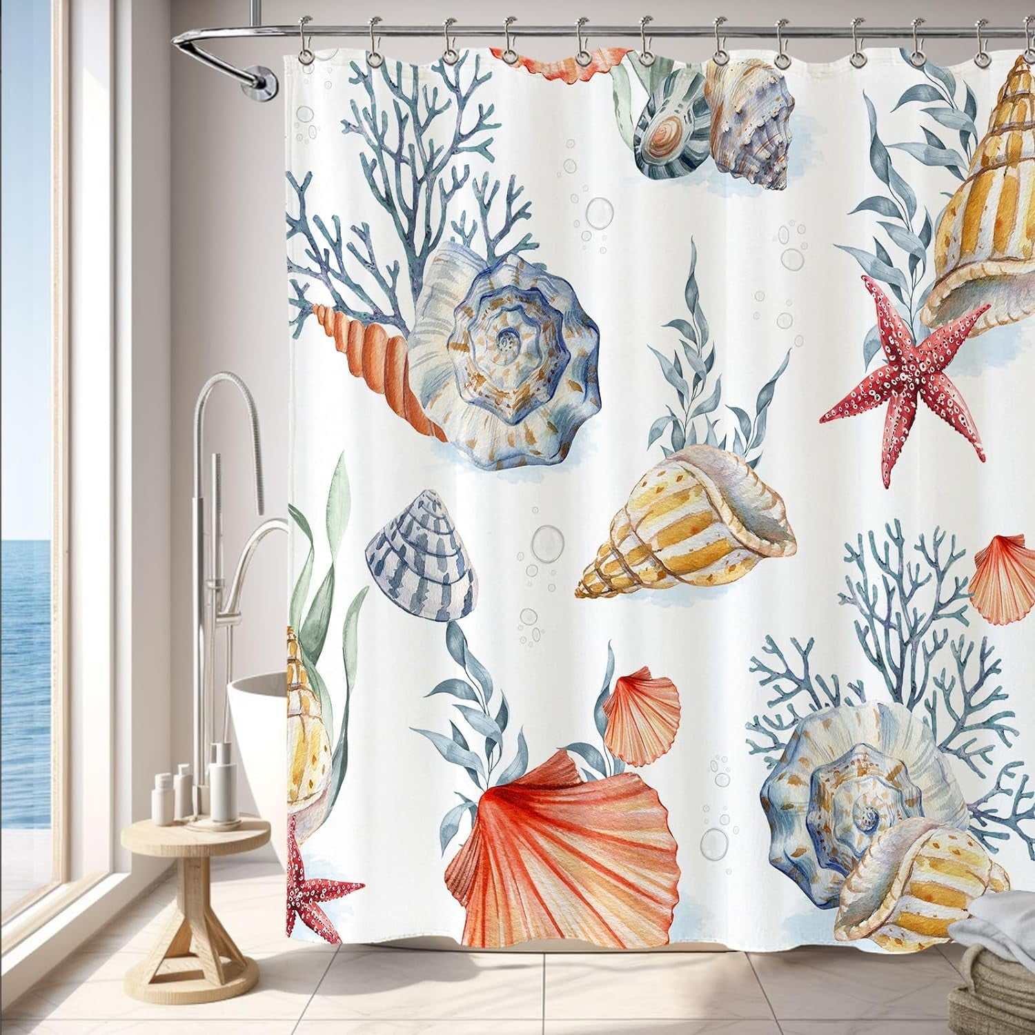 Ocean Beach Shower Curtain Blue Shell Whelk Shower Curtains Summer Sea ...