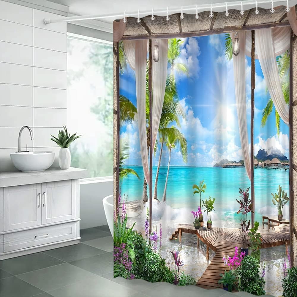 Ocean Beach Shower Curtain Nature Scenery Landscape Tropical Palm Tree ...