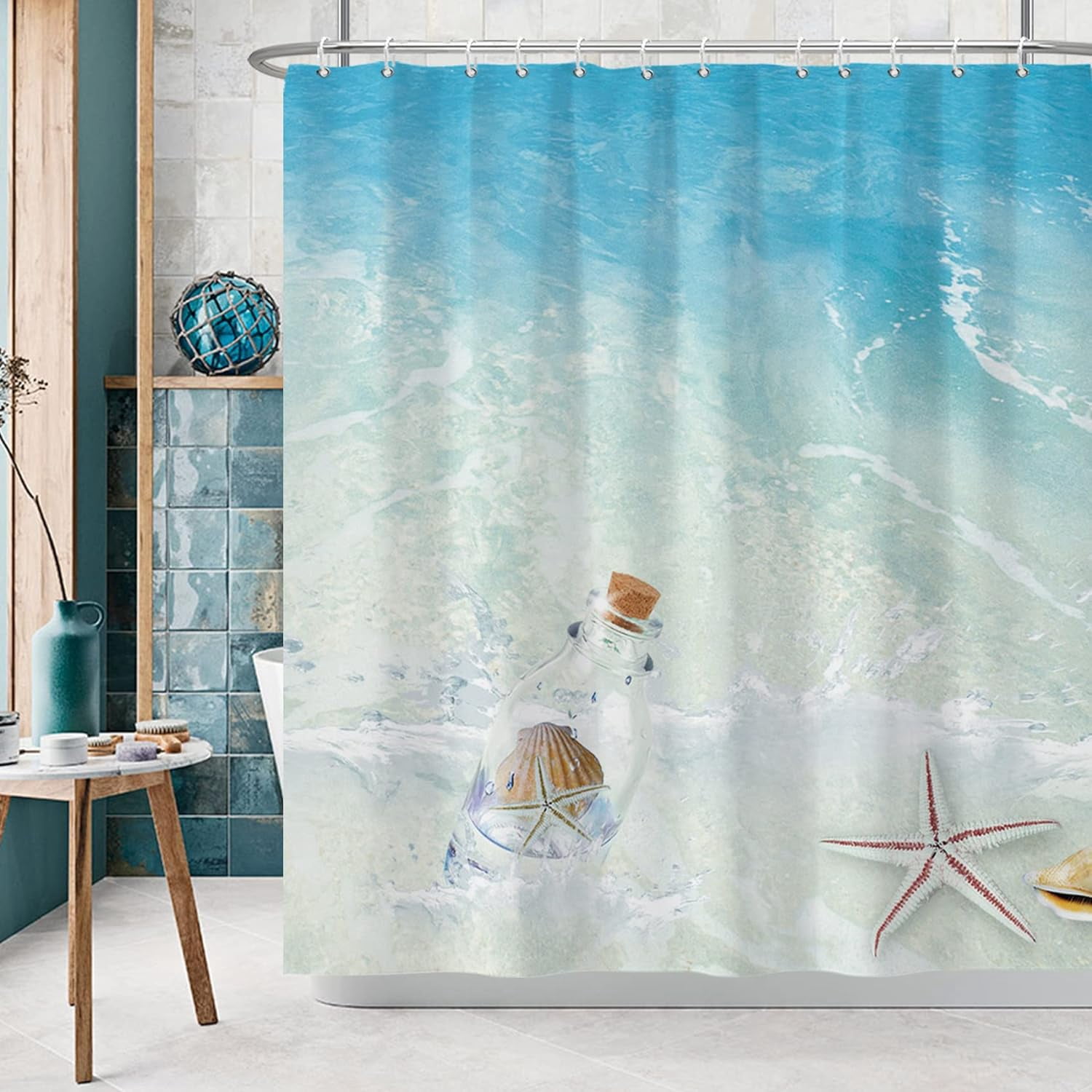 Ocean Beach Shower Curtain, Sea Drift Bottle Starfish Conch Seashell ...