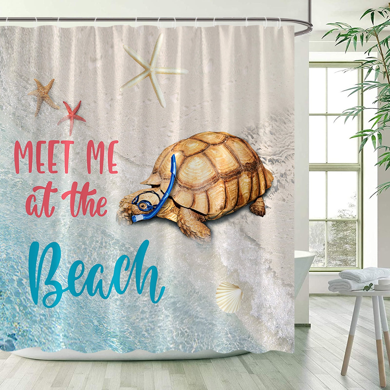 Ocean Beach Shower Curtain Sea Waves Star Conch Inspirational Quotes ...
