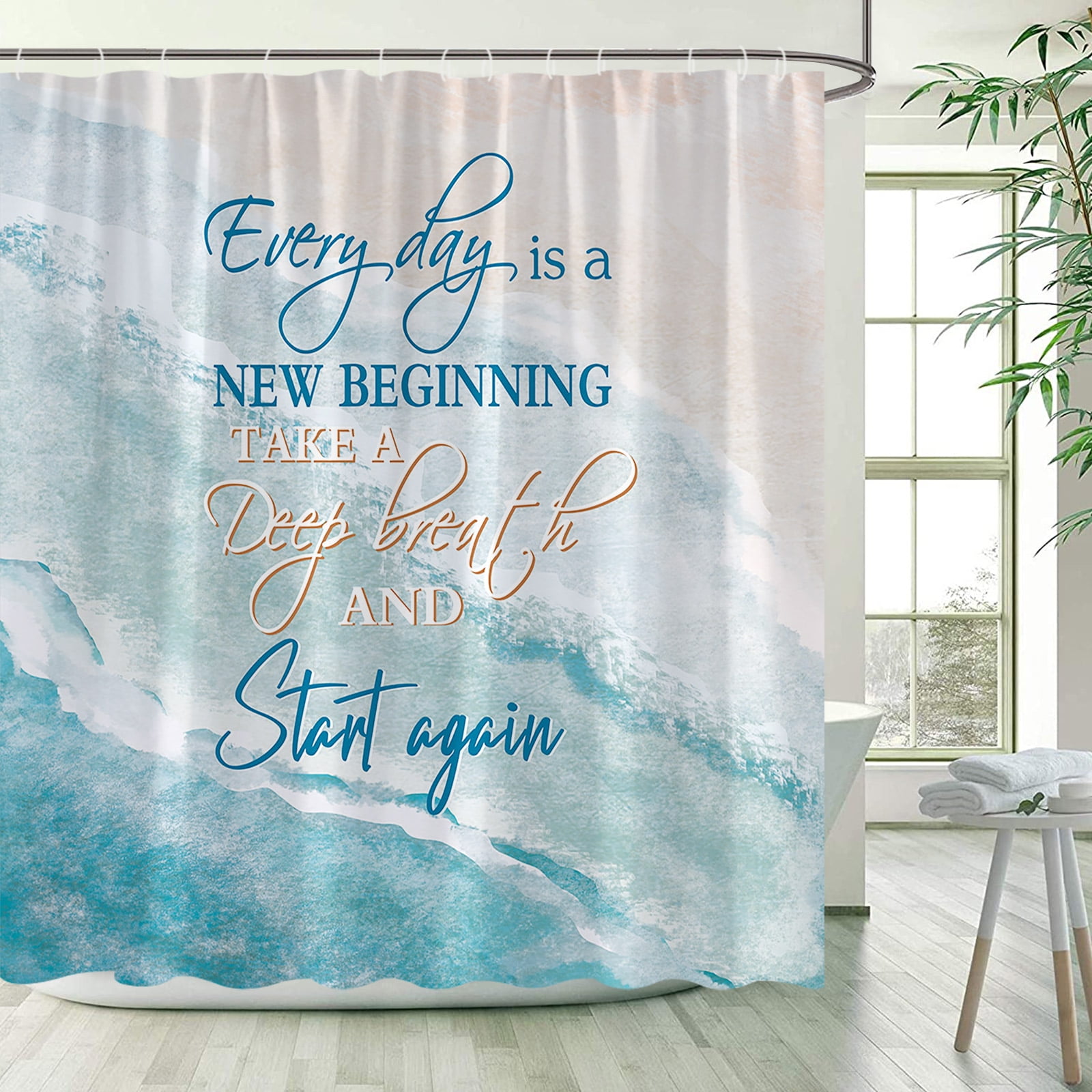 Ocean Beach Shower Curtain Sea Waves Star Conch Inspirational Quotes ...