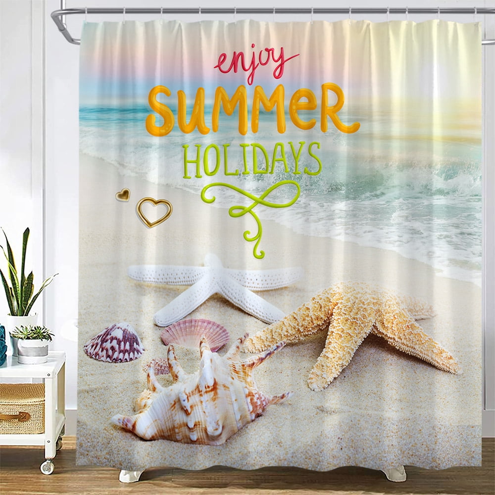 Ocean Beach Shower Curtain Sea Waves Star Conch Inspirational Quotes ...