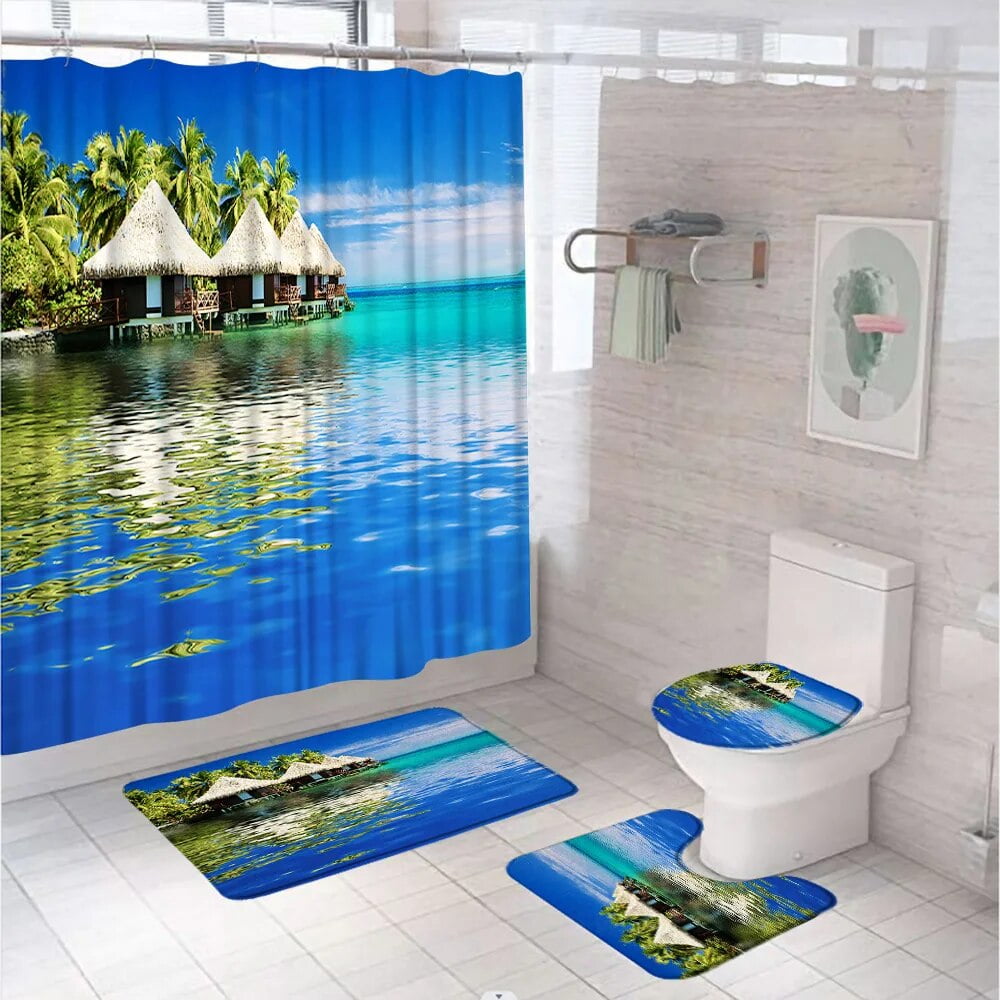 Ocean Beach Shower Curtain Set Bath Mat Toilet Lid Cover Non Slip Rug