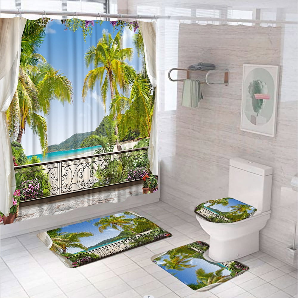 Ocean Beach Shower Curtain Set Bath Mat Toilet Lid Cover Non-Slip Rug ...