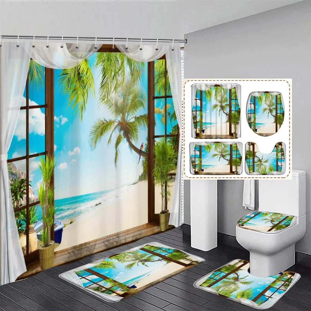 Ocean Beach Shower Curtain Set Coconut Tree Parrot Dolphin Sea Waves ...