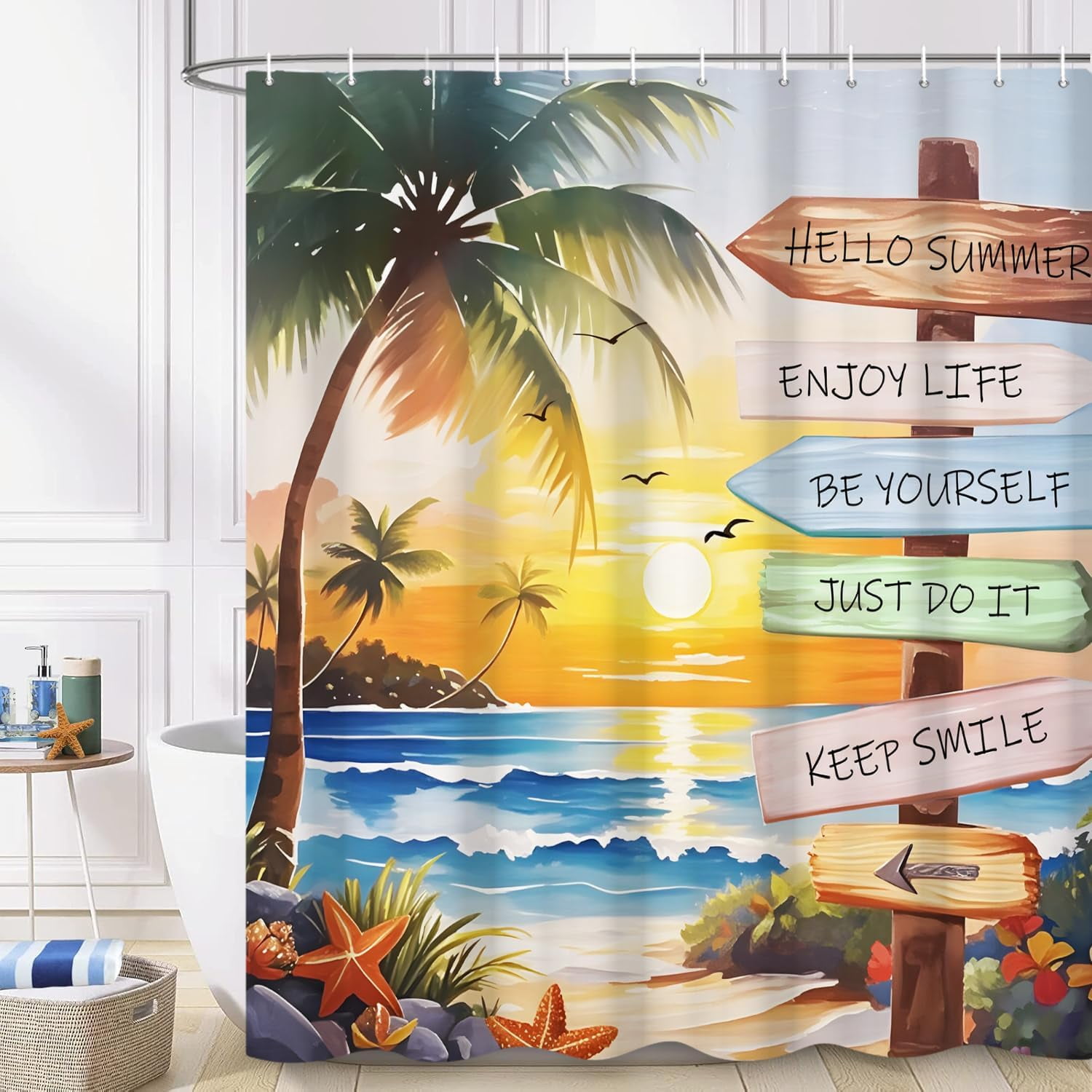 Ocean Beach Shower Curtain, Summer Tropical Beach Palm Tree Bathroom ...