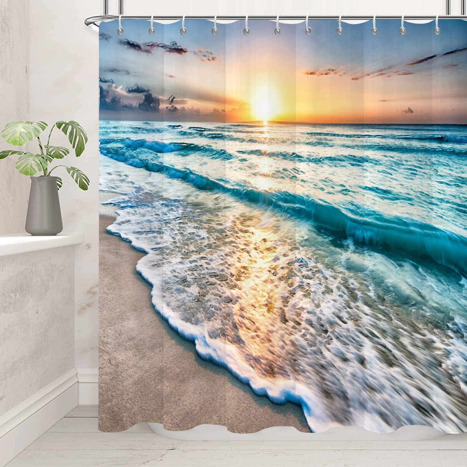 Ocean Beach Shower Curtain, Summer Tropical Ocean Waves Sunset Coastal ...