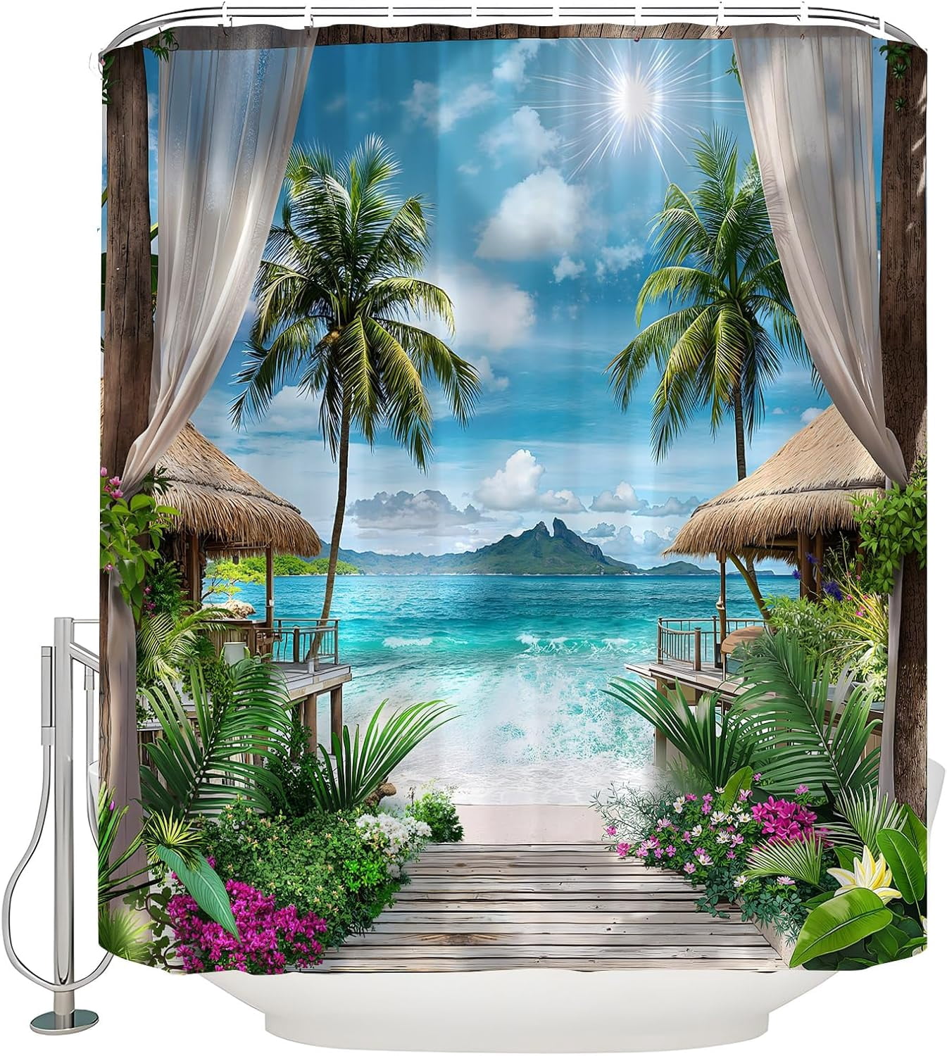 Ocean Beach Shower Curtain Tropical Summer Palm Tree Leaves Blue Sky ...