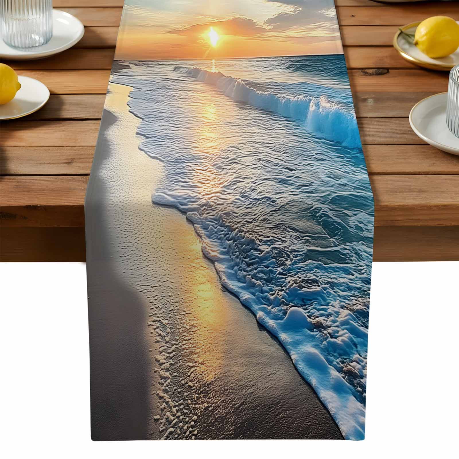 Ocean Beach Sunset Table Runner, Blue Coastal Seascape Cotton Linen ...