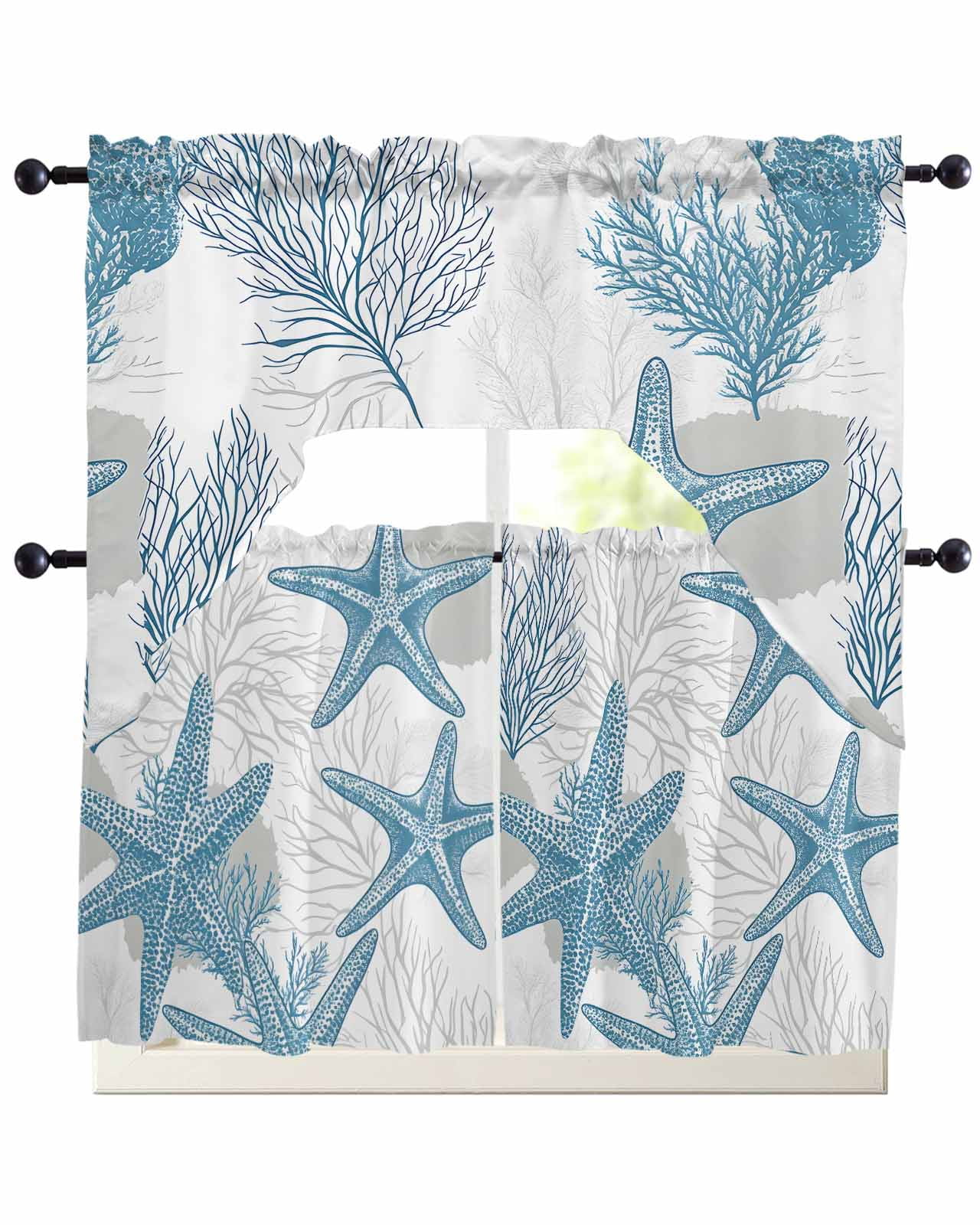 Ocean Beach Swag Valance and Tier Curtains Set Seashell Coral Starfish ...