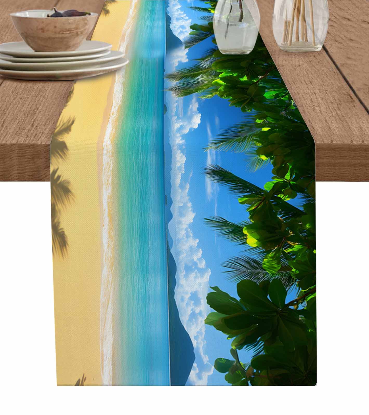 Ocean Beach Table Runner 120 Inches, Blue Sea Shoreline Coconut Coastal ...