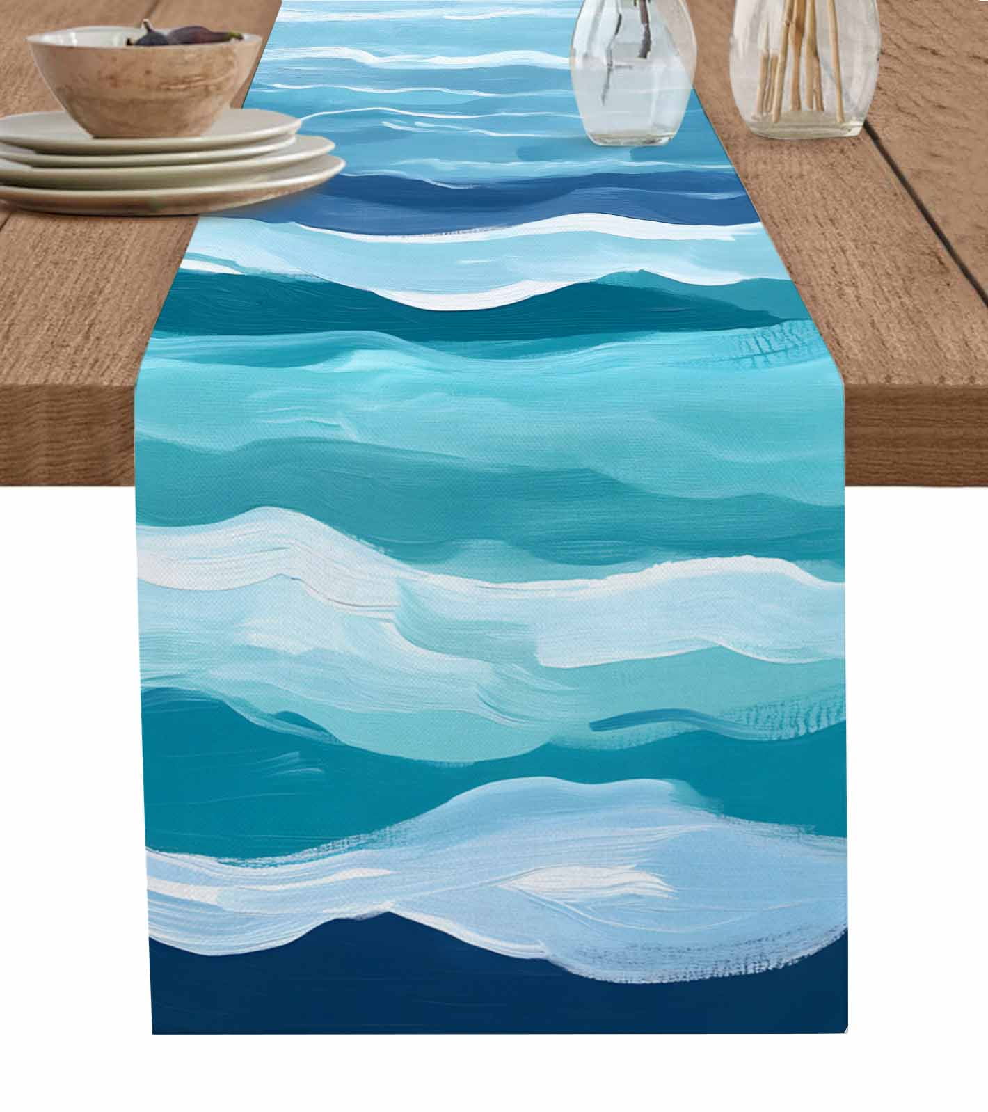 Ocean Beach Table Runner 48 Inches, Modern Blue Coastal Wave Oil ...