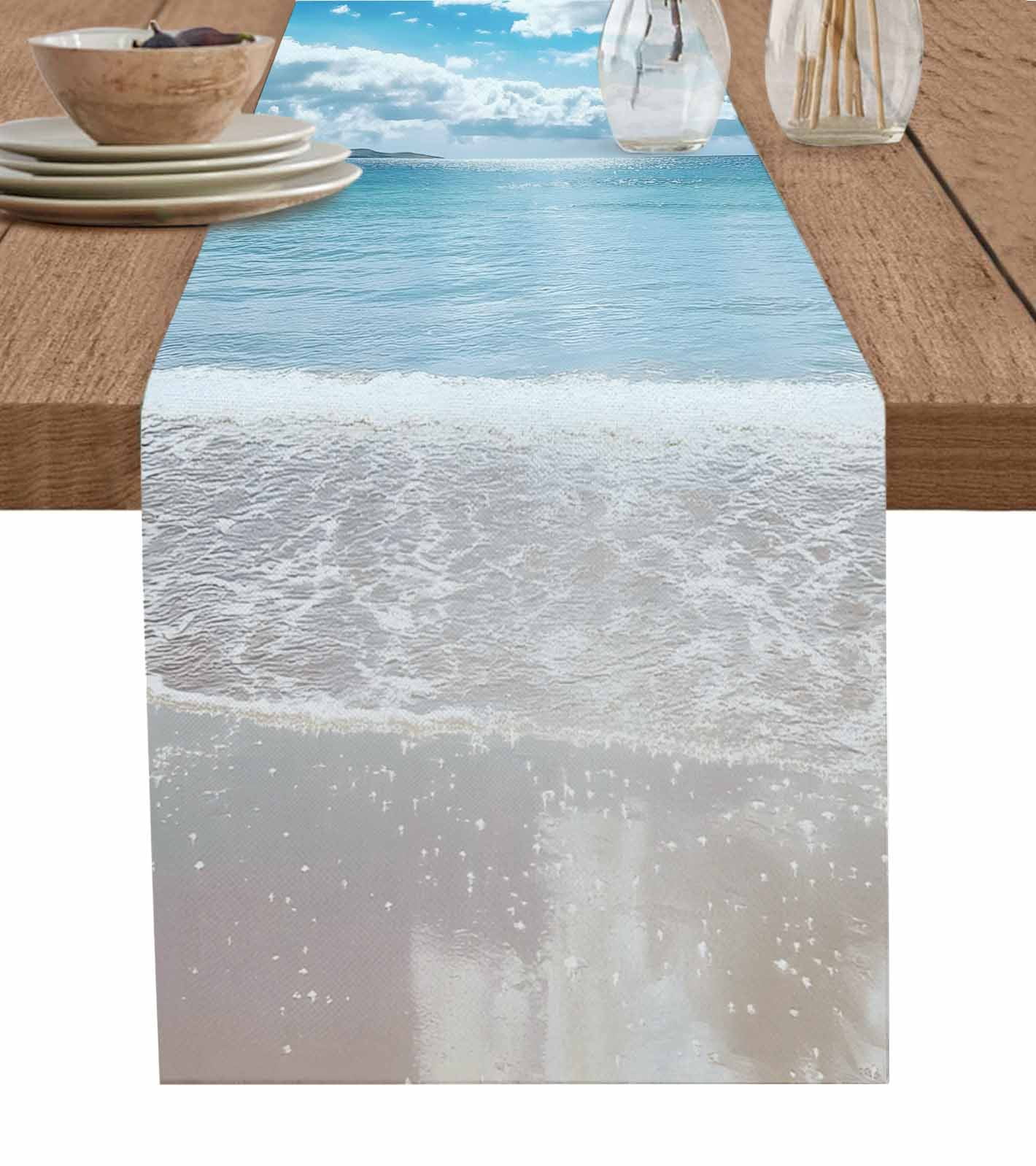 Ocean Beach Table Runner 70 Inches, Natural Blue Sea Waves Sky Cloudy ...