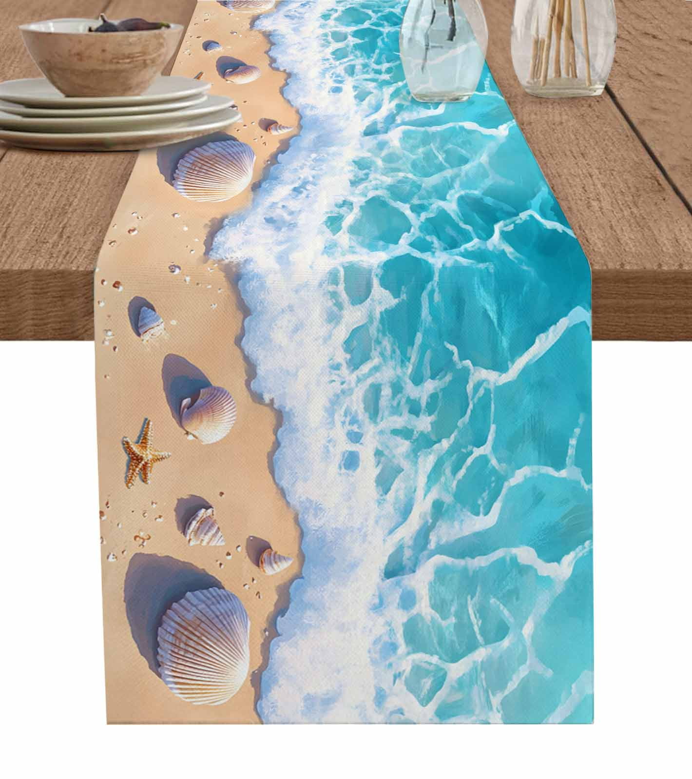 Ocean Beach Table Runner Cotton Linen 108 Inch Holiday Dresser Scarves, Coastal Nautical ...